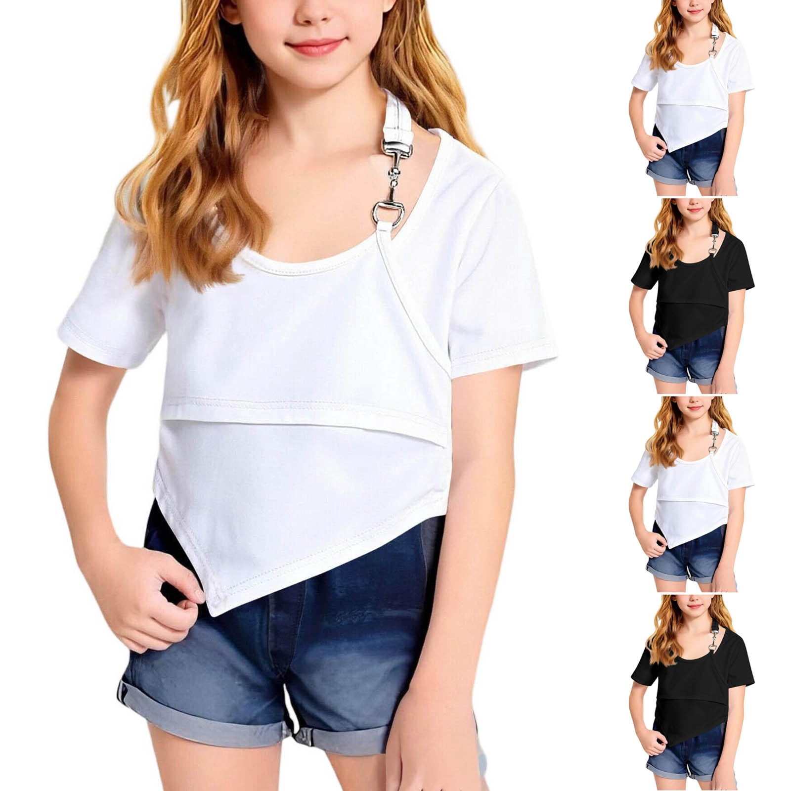 Avtoify Girls' Solid Color Summer Girls Short Sleeve Shirts Casual Top ...