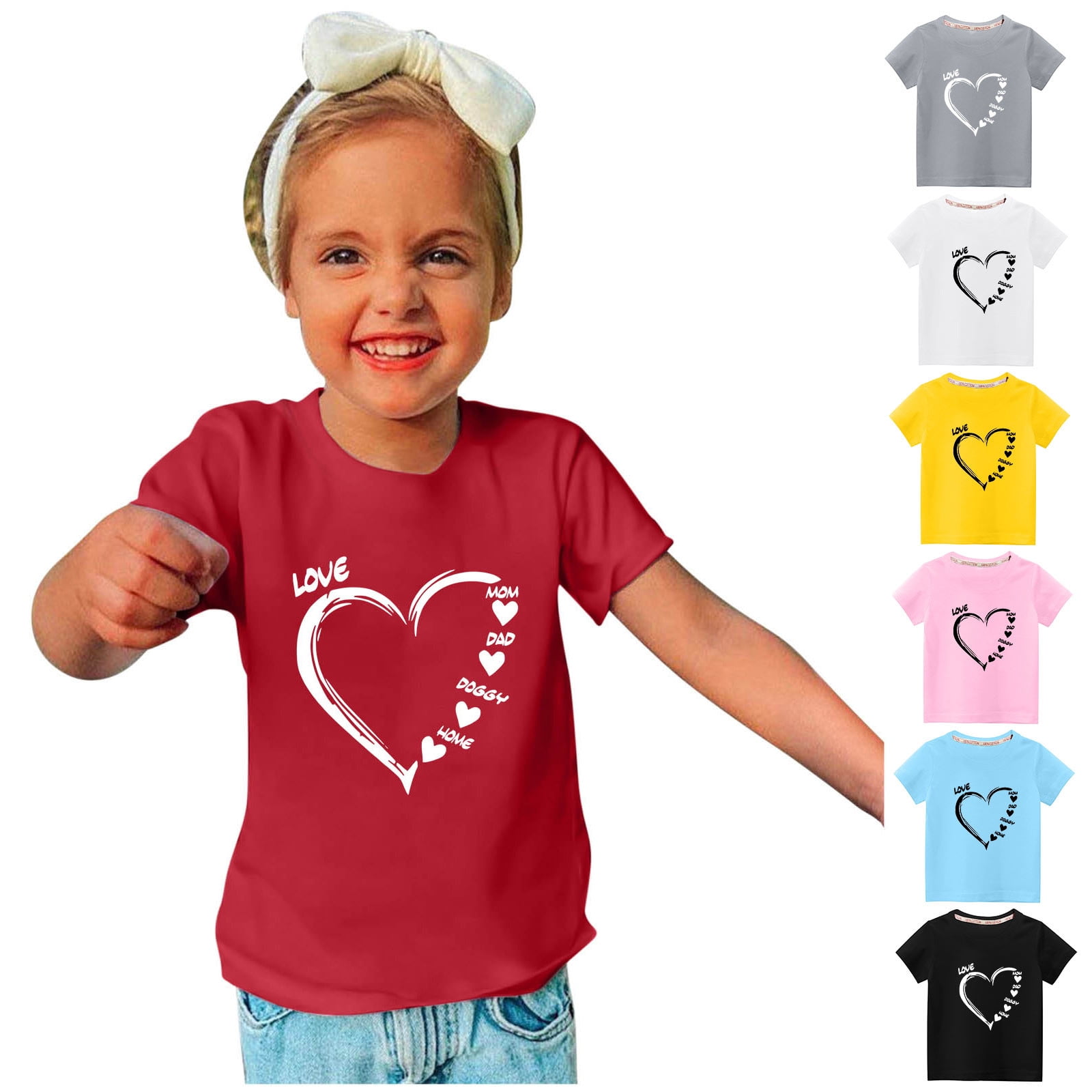 Avtoify Heart Print Solid Color Summer Kids Short Sleeve Shirts Round ...