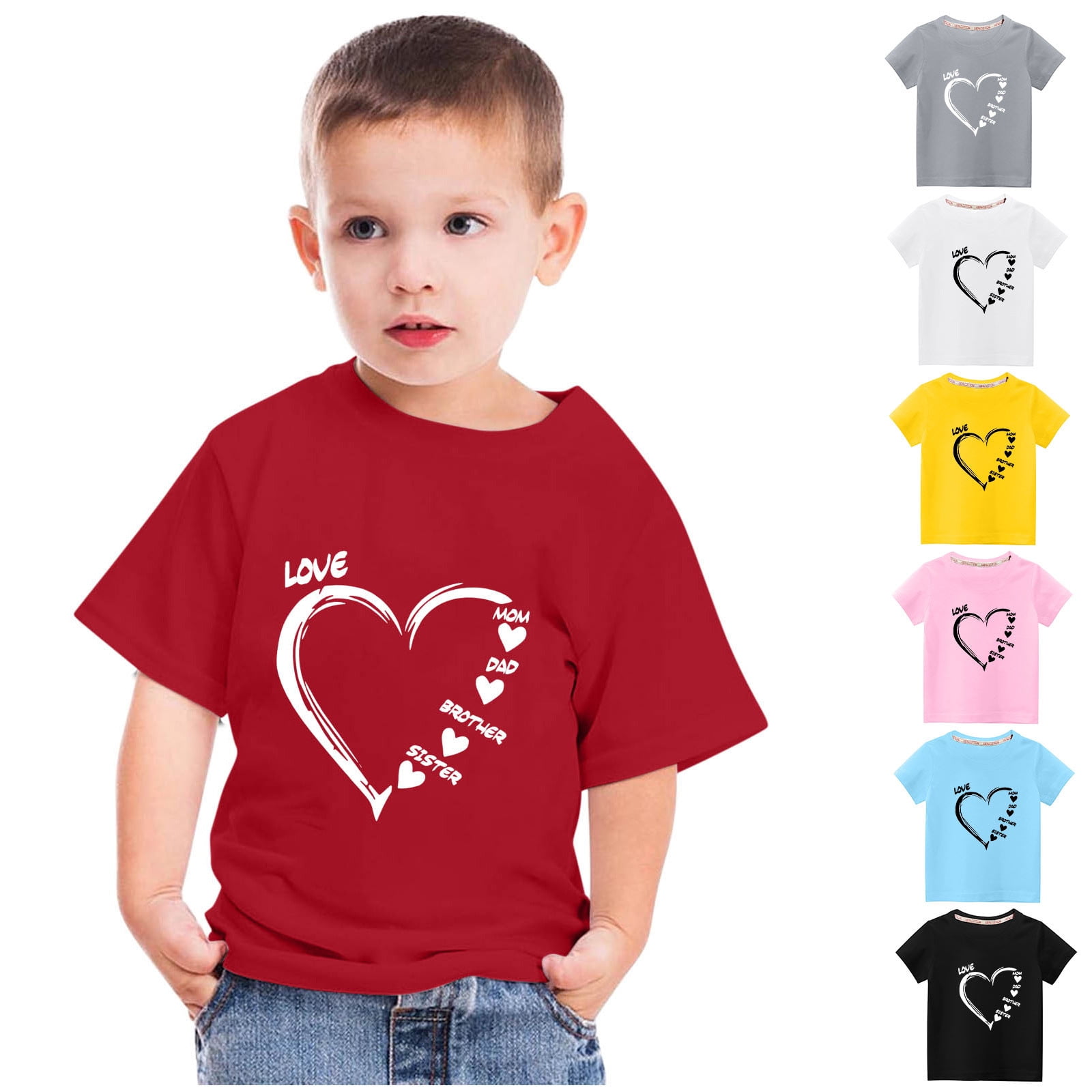 Avtoify Heart Print Solid Color Summer Kids Short Sleeve Shirts Round ...