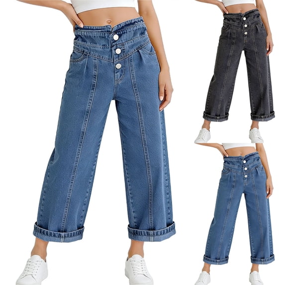 Avtoify High Waist Straight Wide Leg Denim Trouser Summer Girls Pants ...