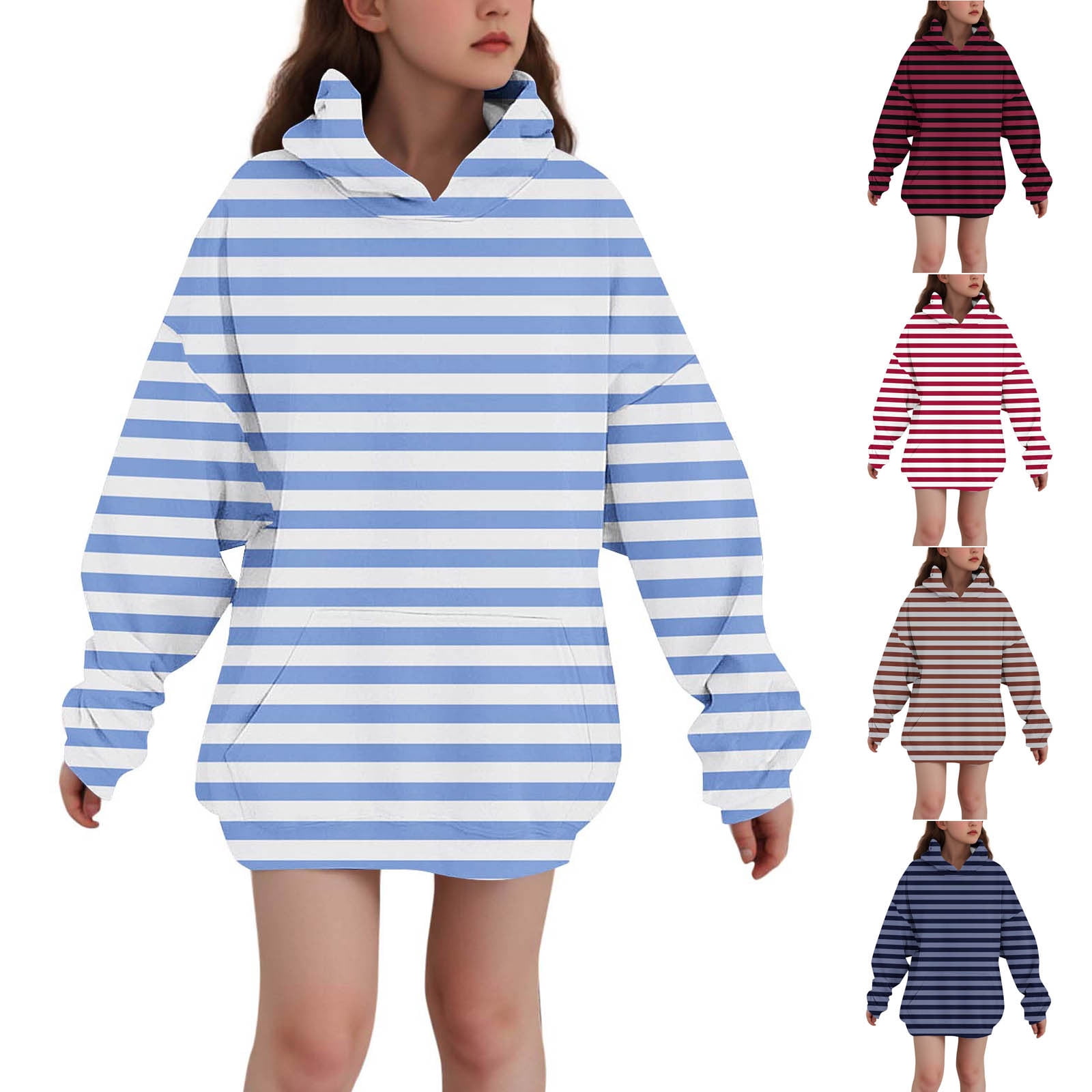 Avtoify Kids Stripe Print Fleece Lined Long Sleeve Hoodie Girls Long ...