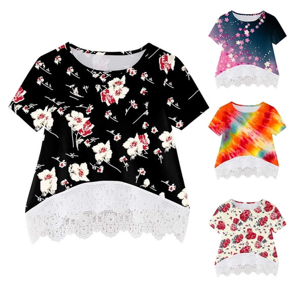 Avtoify Lace Floral Print Crew Neck Summer Girls Short Sleeve Shirts ...