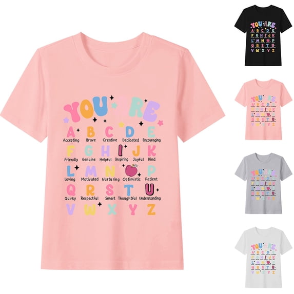 Avtoify Letter Print School Style Summer Short Sleeve Shirts for Girls ...