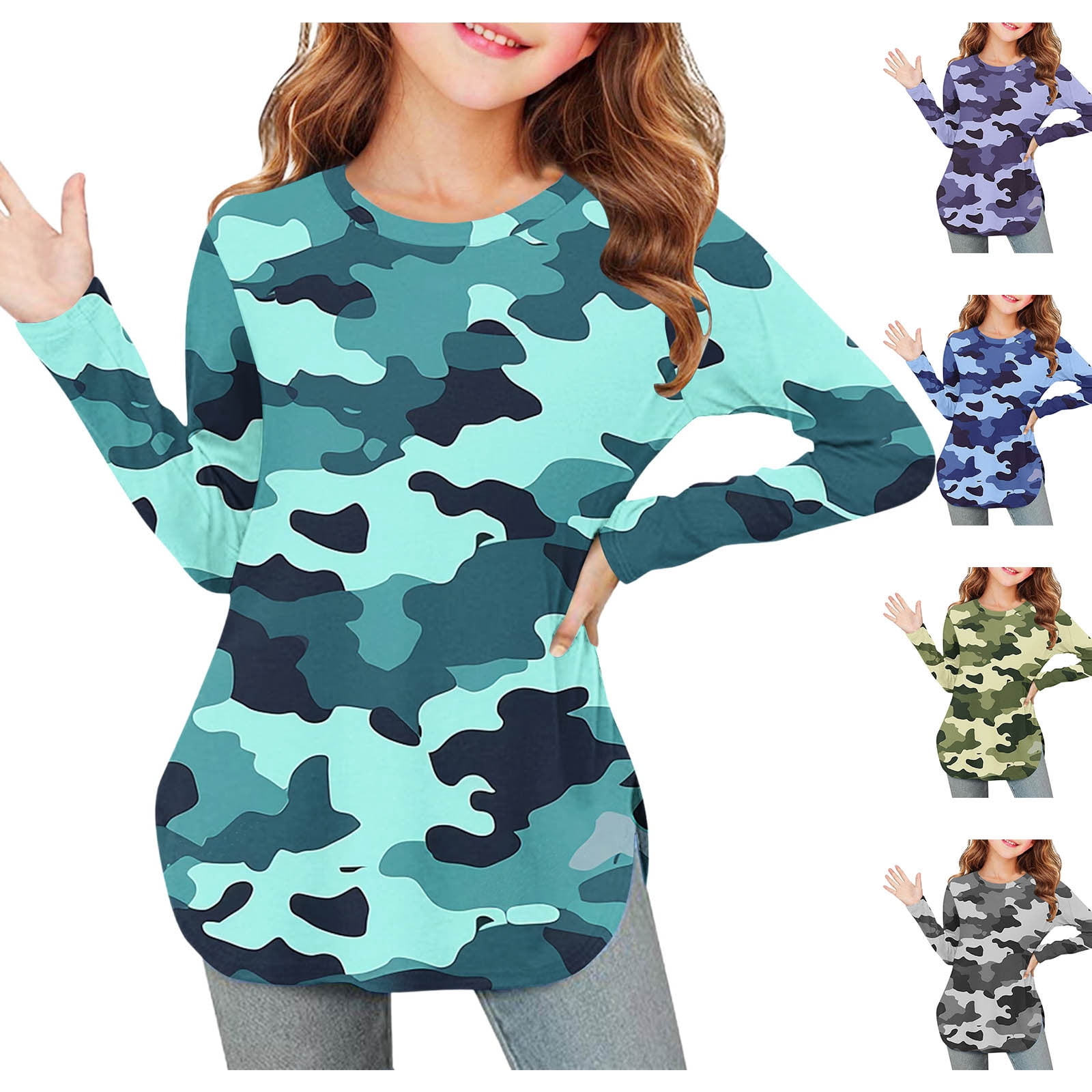 Avtoify Long Sleeve Print Shirts Kids Hem Side Slit Soft Tunic T Shirts ...