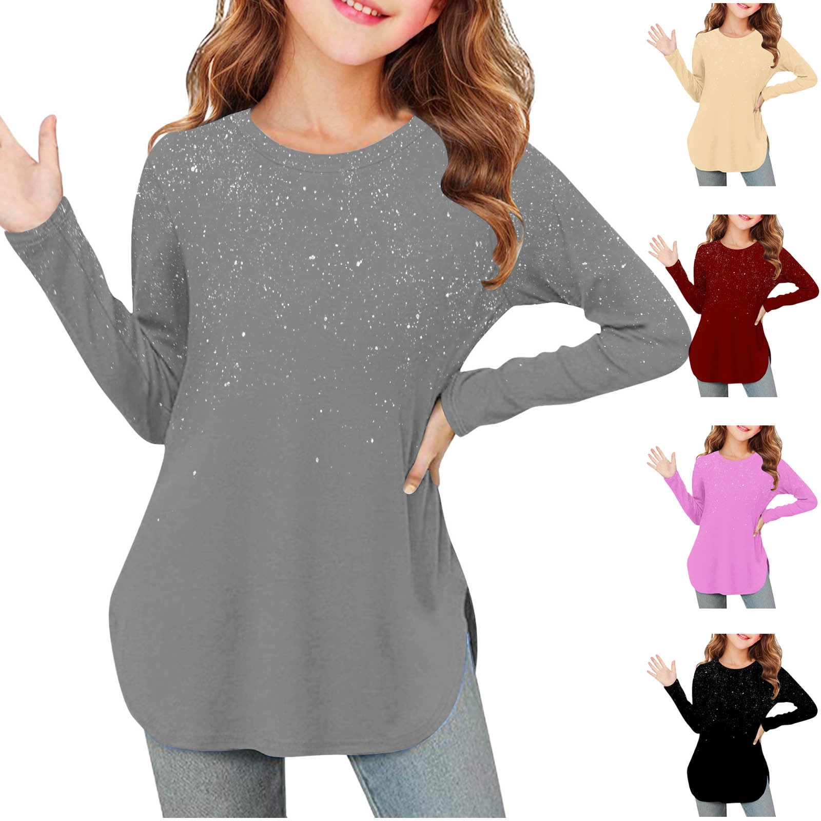 Avtoify Long Sleeve Print Shirts Kids Hem Side Slit Soft Tunic T Shirts ...