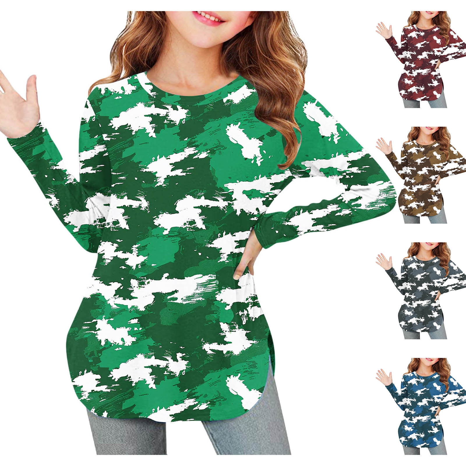 Avtoify Long Sleeve Print Shirts Kids Hem Side Slit Soft Tunic T Shirts ...