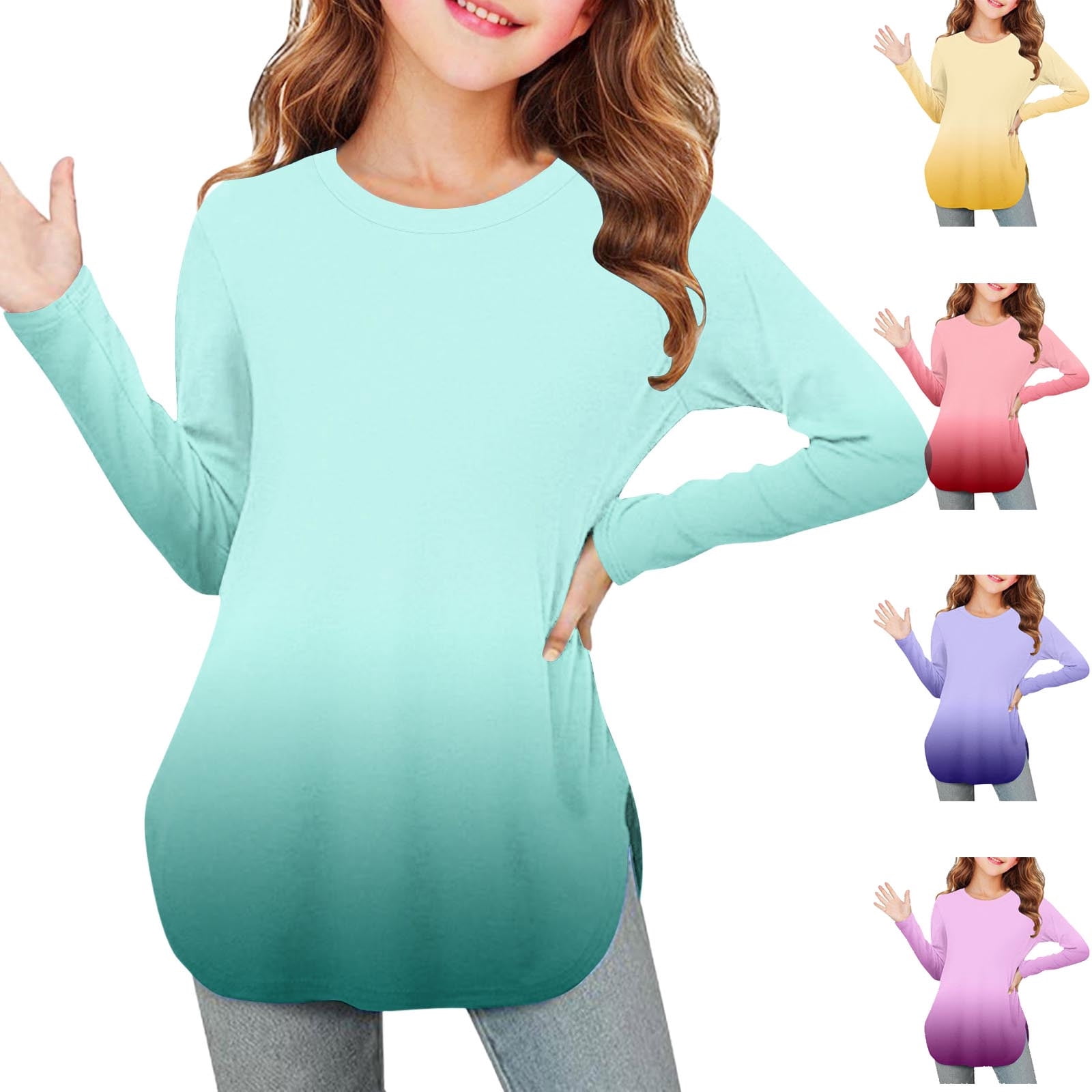 Avtoify Long Sleeve Print Shirts Kids Hem Side Slit Soft Tunic T Shirts ...