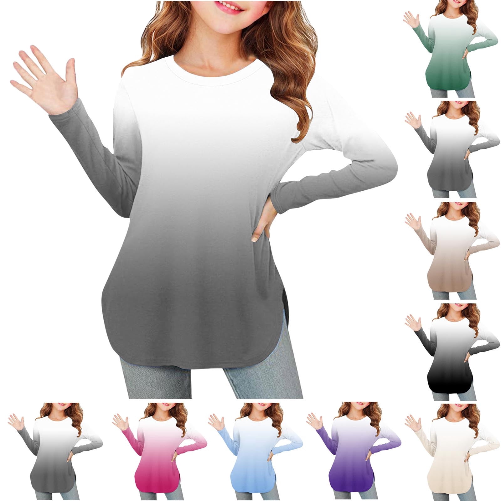 Avtoify Long Sleeve Print Shirts Kids Hem Side Slit Soft Tunic T Shirts ...