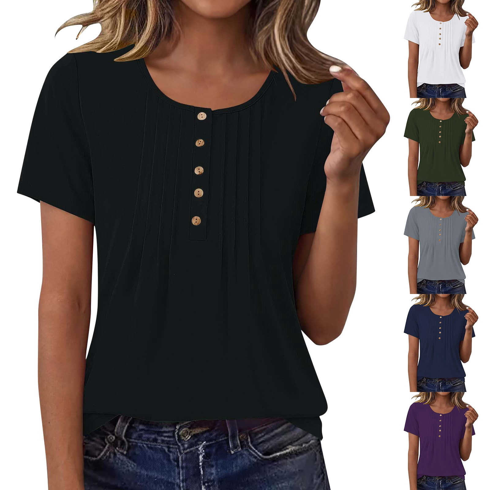 Avtoify Neck Button Short Sleeve Fold Print Top Summer Top for Women ...