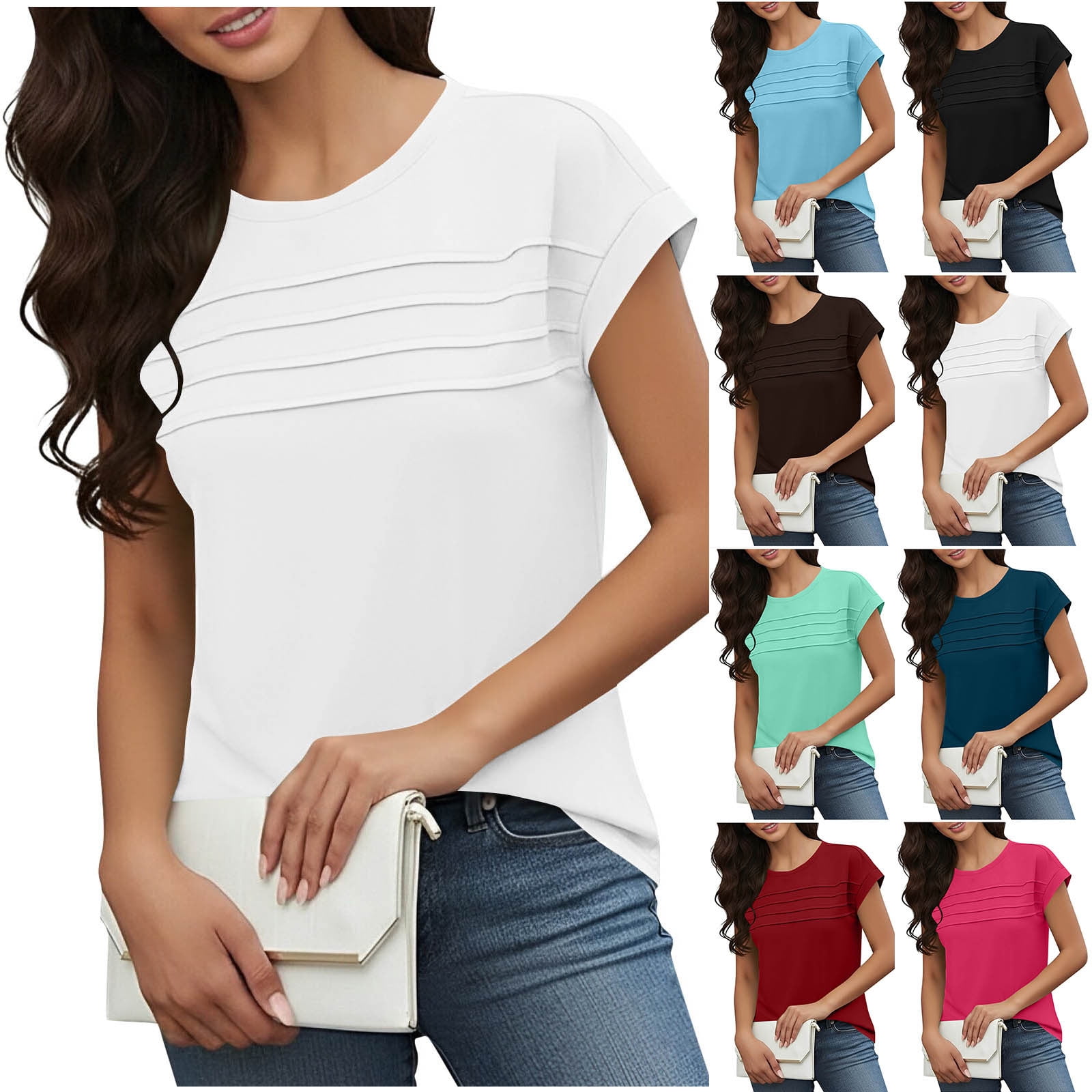 Avtoify Round Neck Short Sleeve Pleated Top Summer Blouses for Women ...