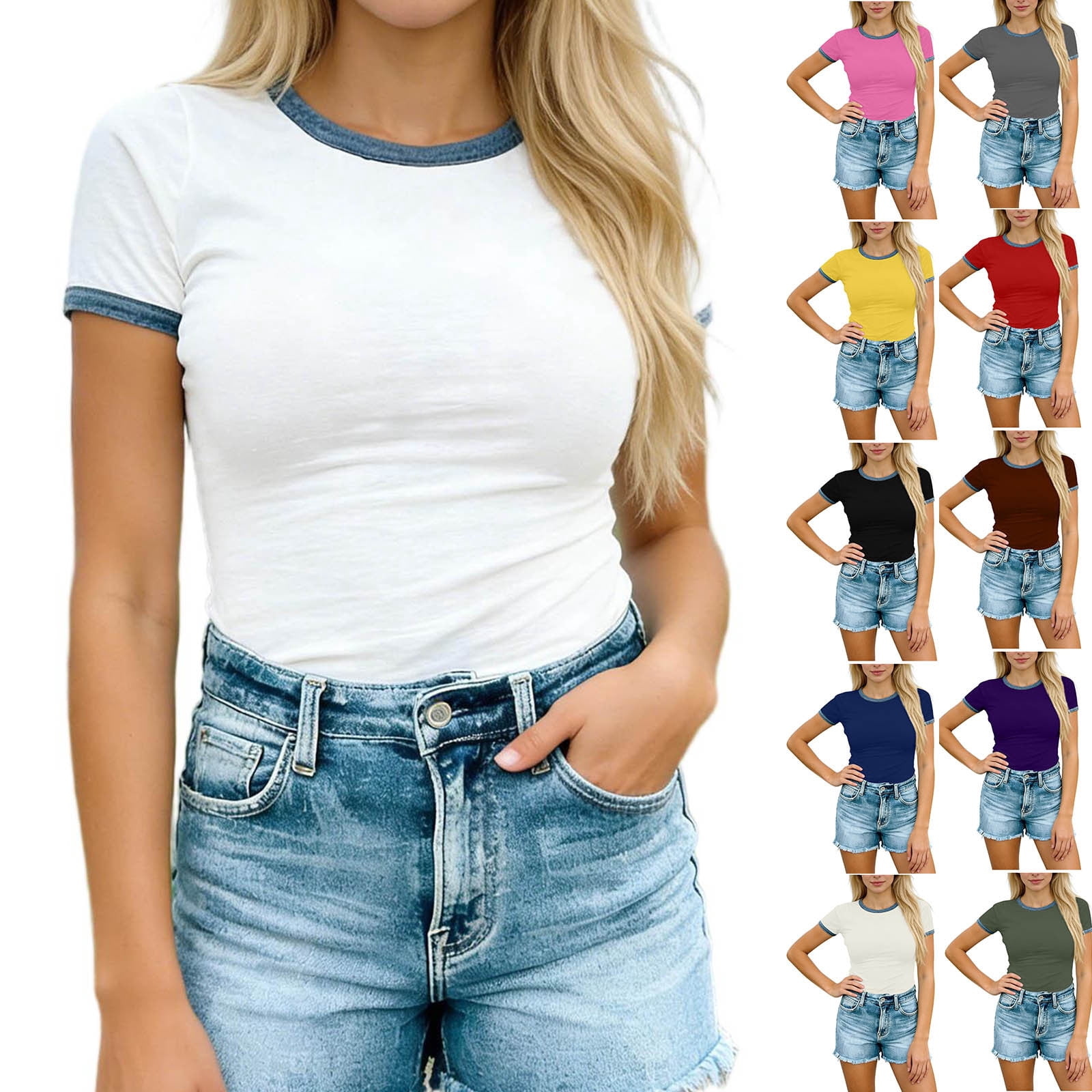 Avtoify Round Neck Short Sleeve Solid Blouse Summer Blouses for Women ...