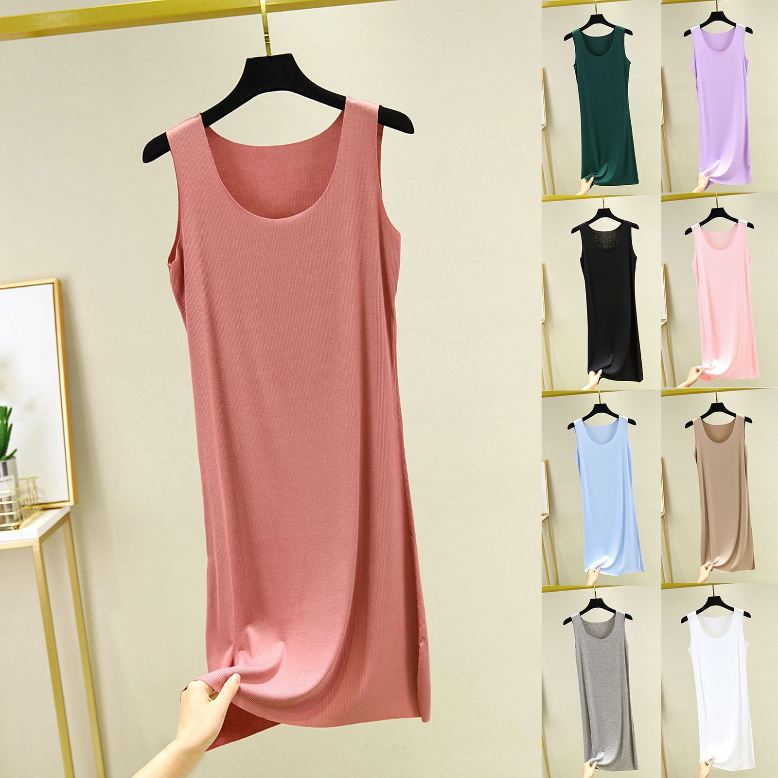 Avtoify Sleeveless Round Neck Solid Color Nightgown Loose Bathrobe Home ...