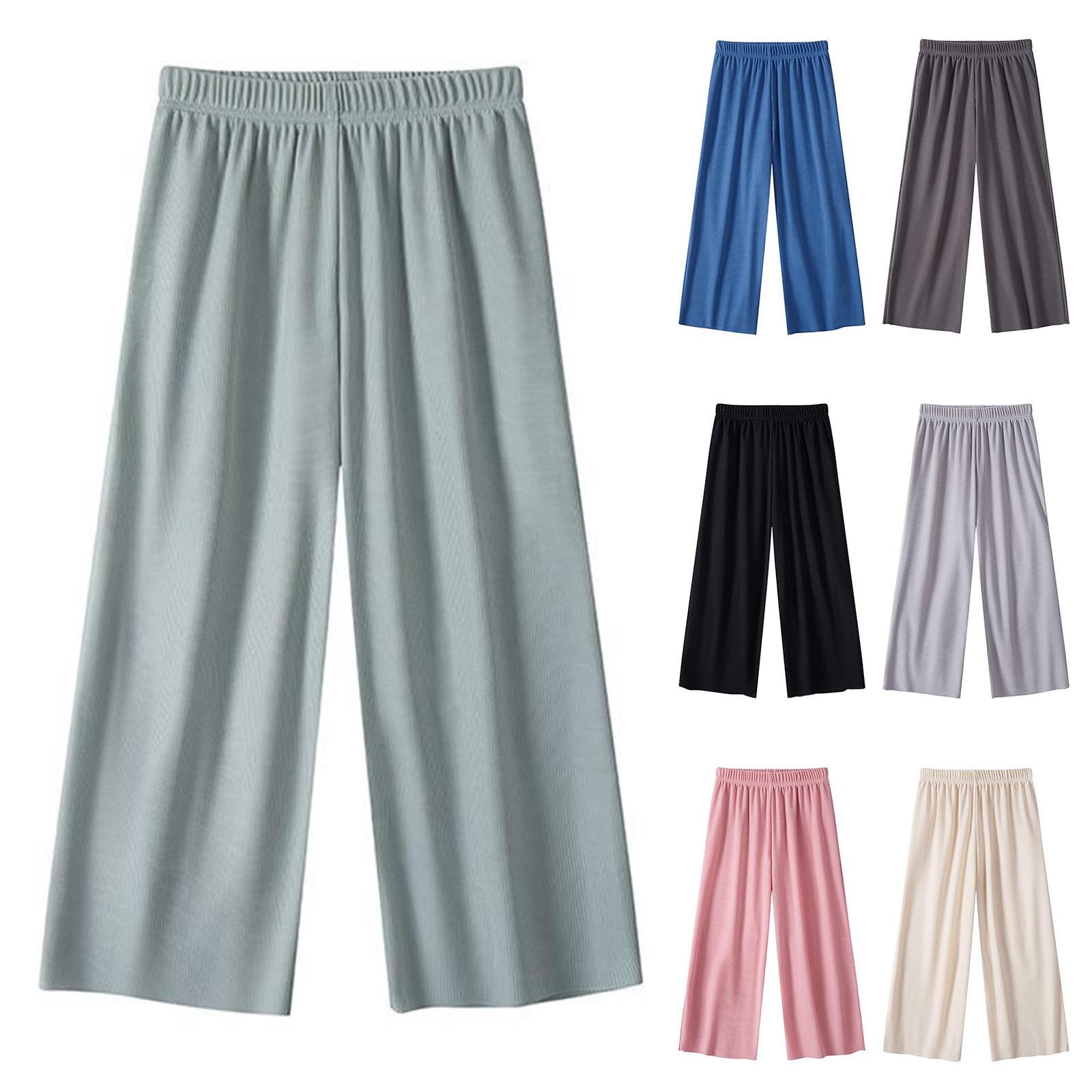 Avtoify Girls Full Length Pants Solid Color Ice Silk High Waist Wide ...