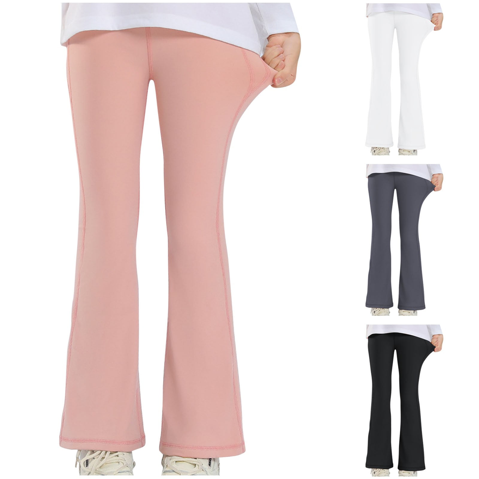 Avtoify Girls Full Length Pants Solid Color Brushed Fabric Flared Yoga ...