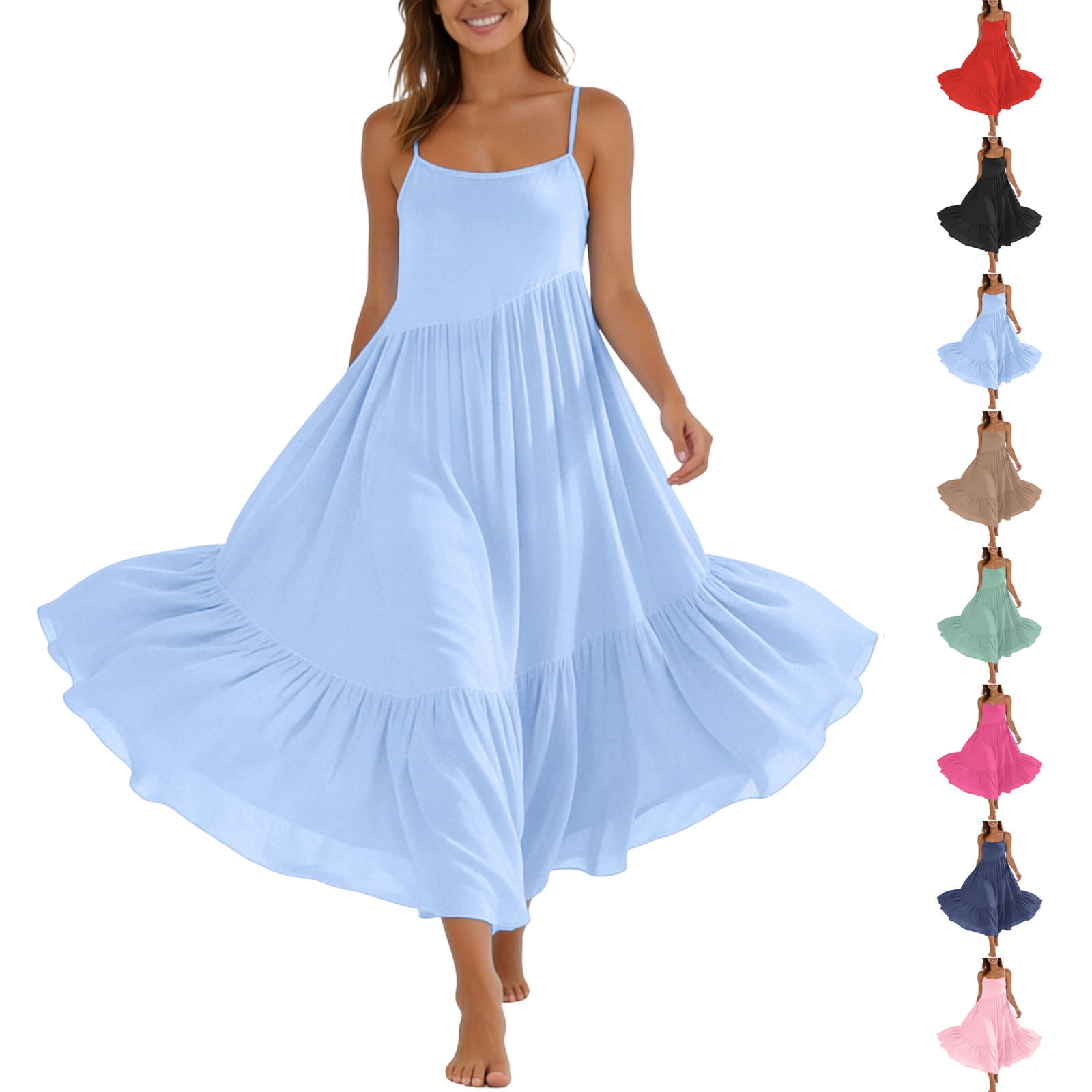 Avtoify Spaghetti Strap Maxi Loose Solid Color Ruffled Tiered ...