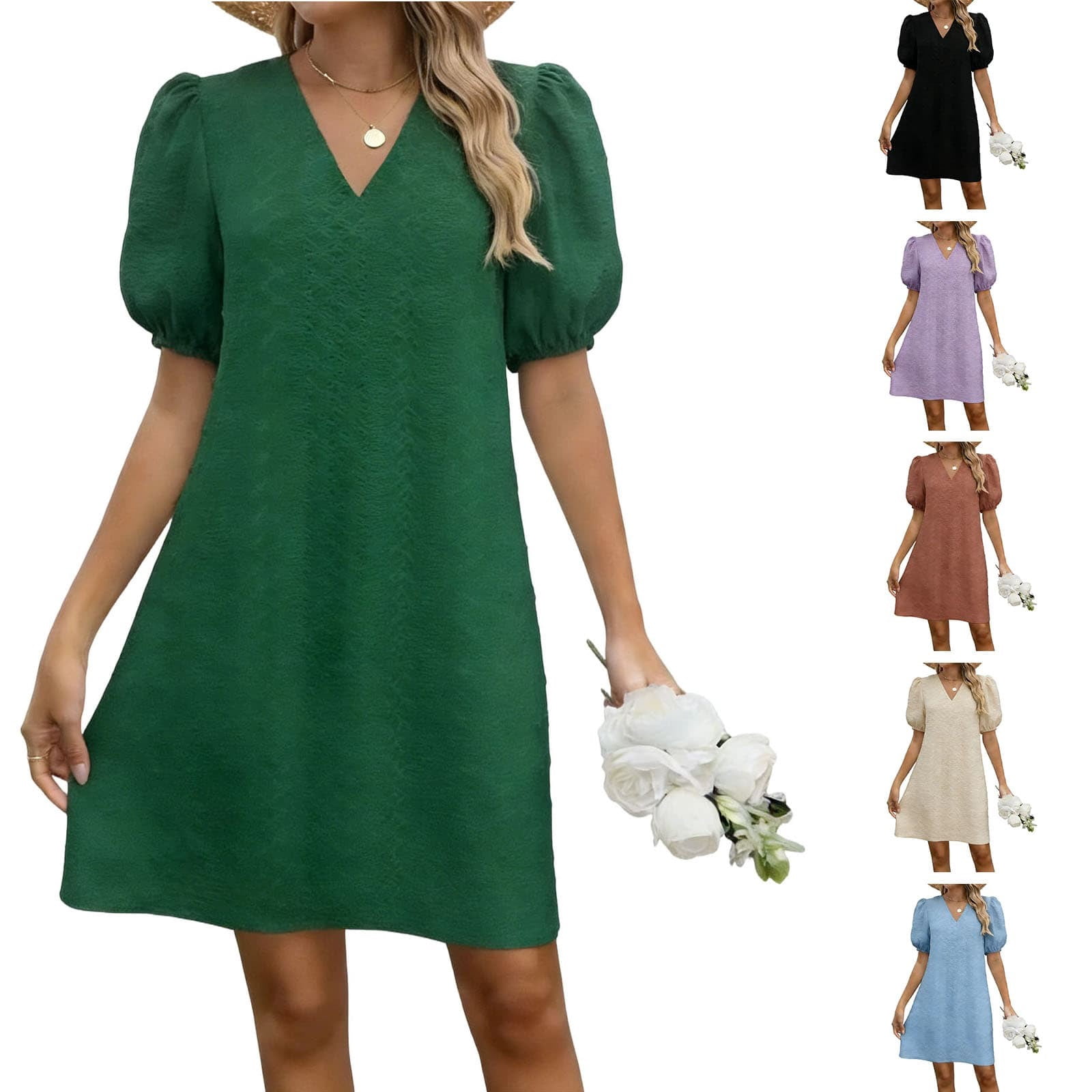 Avtoify V Neck Court Style Locked Sleeves Puff Sleeve Short Sleeve Knee ...