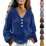 Avtoify V Neck Long Sleeve Linen Button Top Summer Top for Women Dressy ...