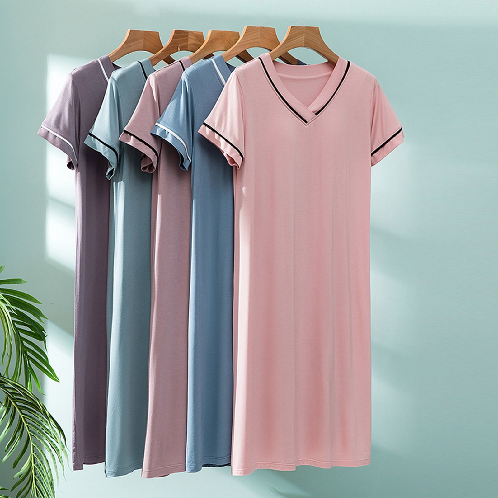 Avtoify V-Neck Summer Short Sleeve Nightgown Removable Padded Cups ...
