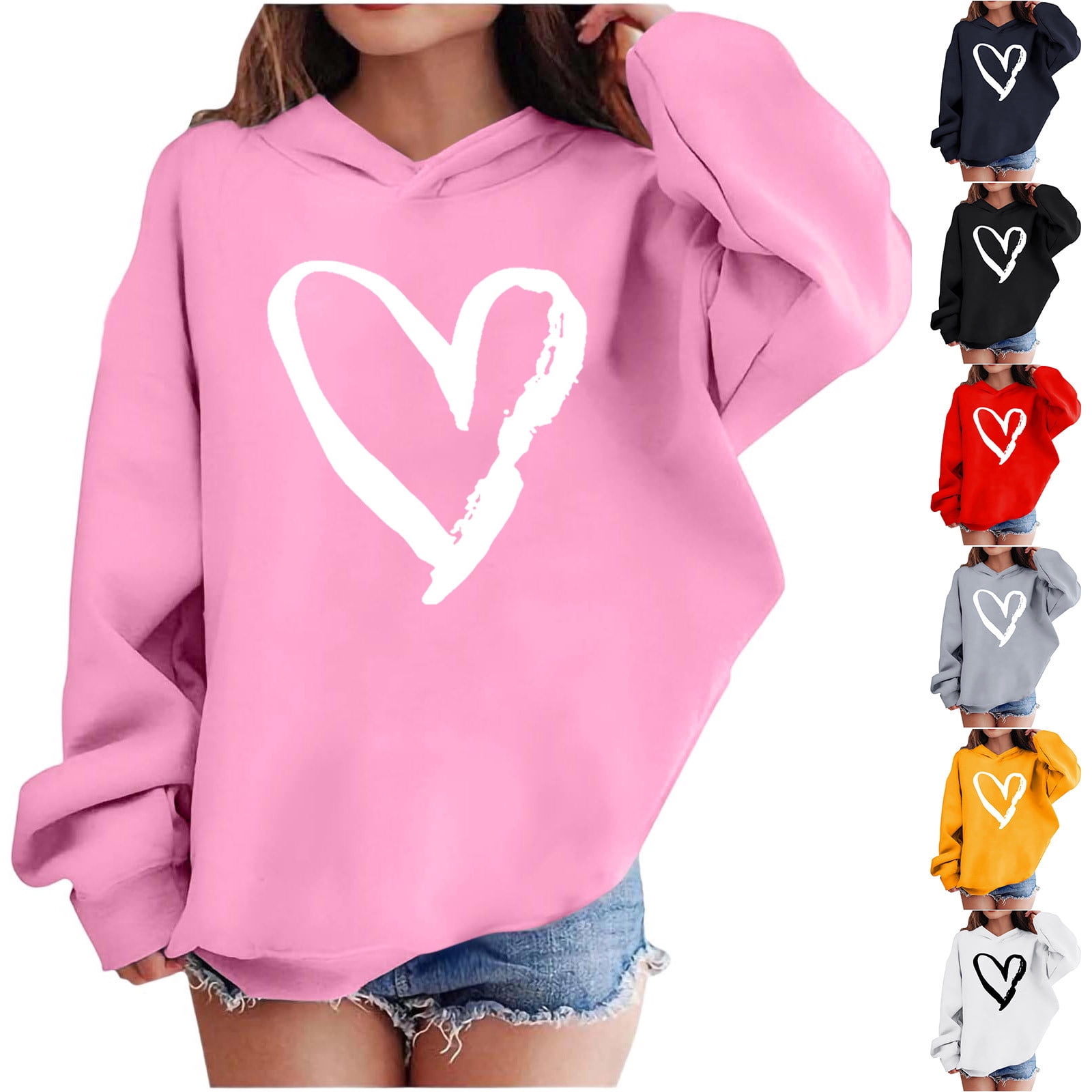Avtoify Valentine Day Heart Print Hooded Pullover Long Sleeve ...