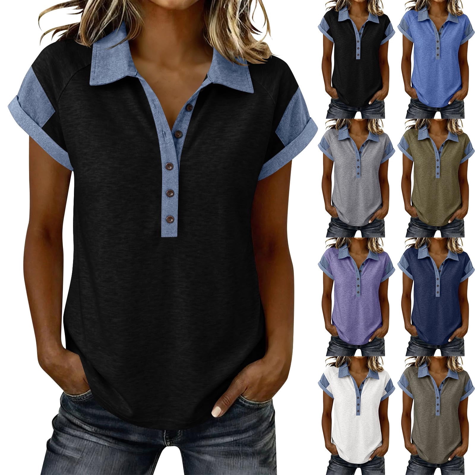 Avtoify Women Color Blocked V Neck Button Top Summer Shirts for Women ...