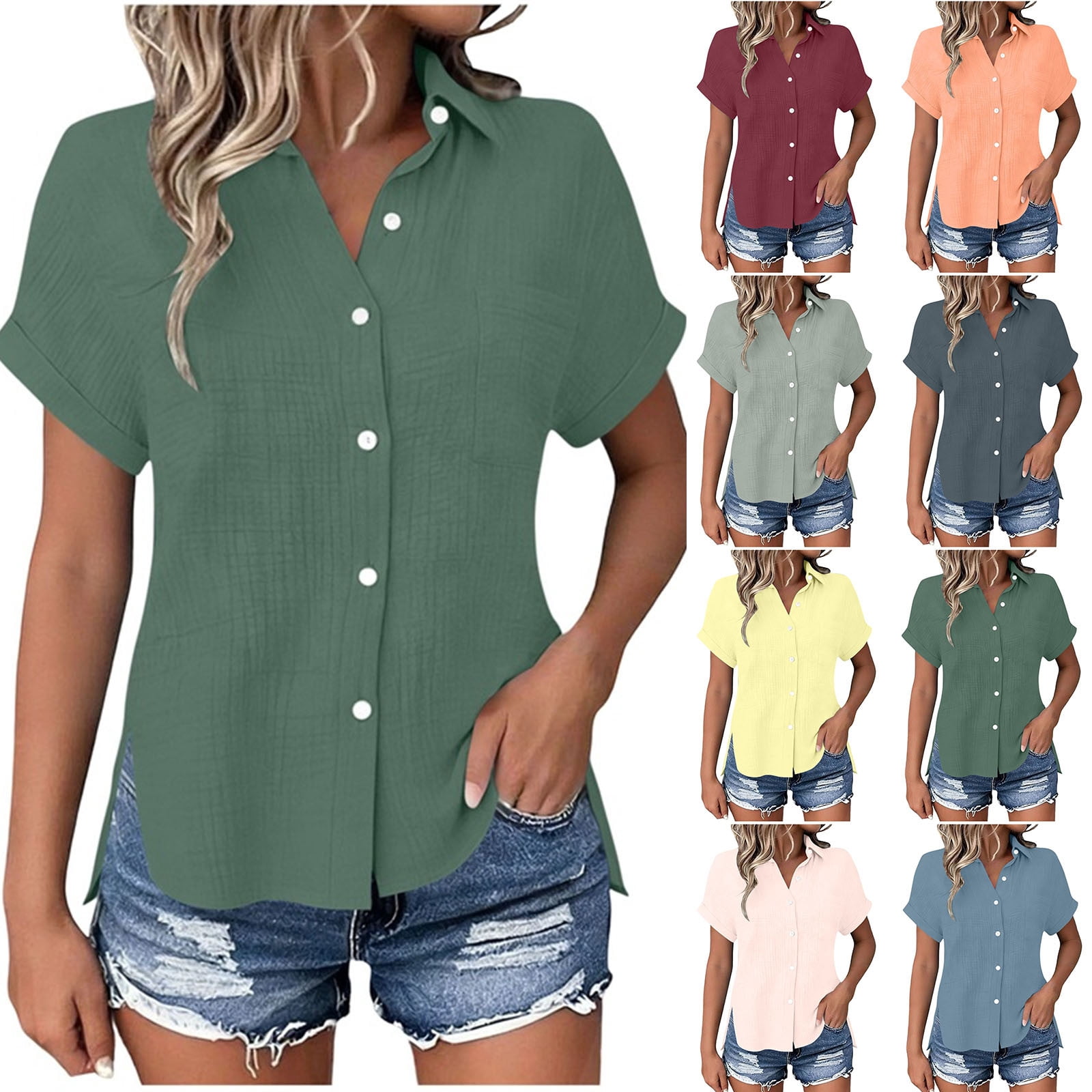 Avtoify Women Solid Color Short Sleeve Lapel Top Summer Top for Women ...