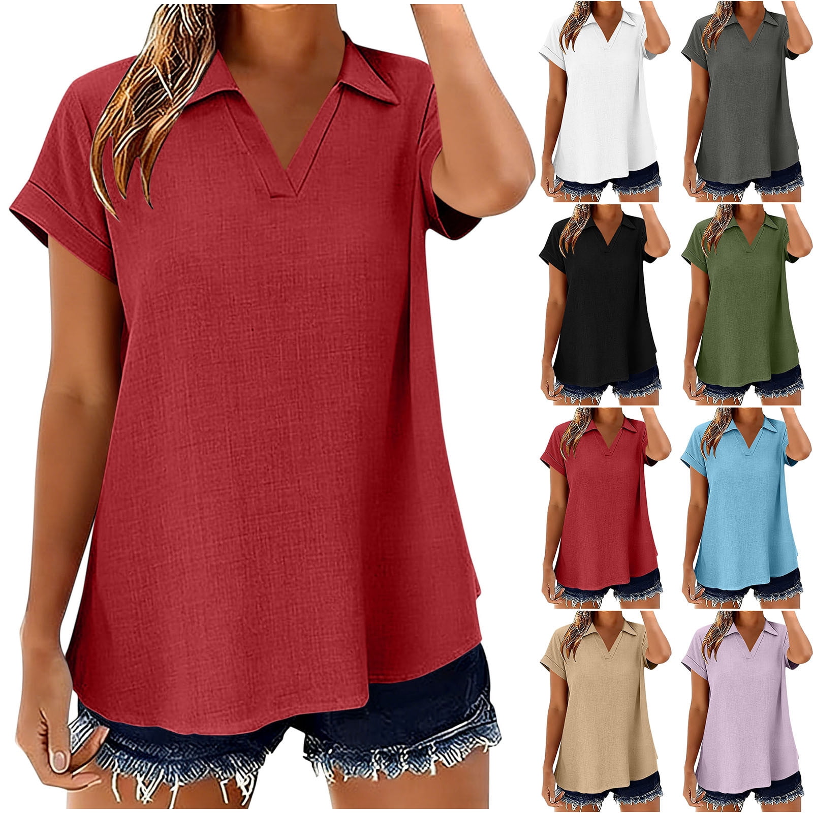 Avtoify Womens V Neck Short Sleeve Shirt With Button Placket Collar ...