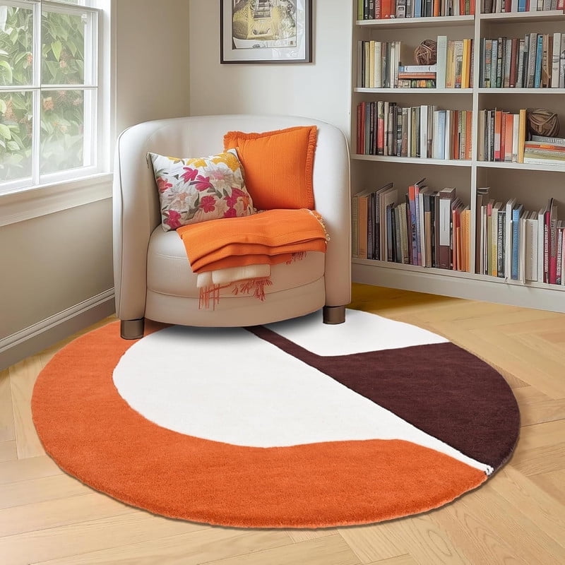 Avyay Rugs Orange Hand-Tufted Round Wool Area Rug – Unique Modern ...
