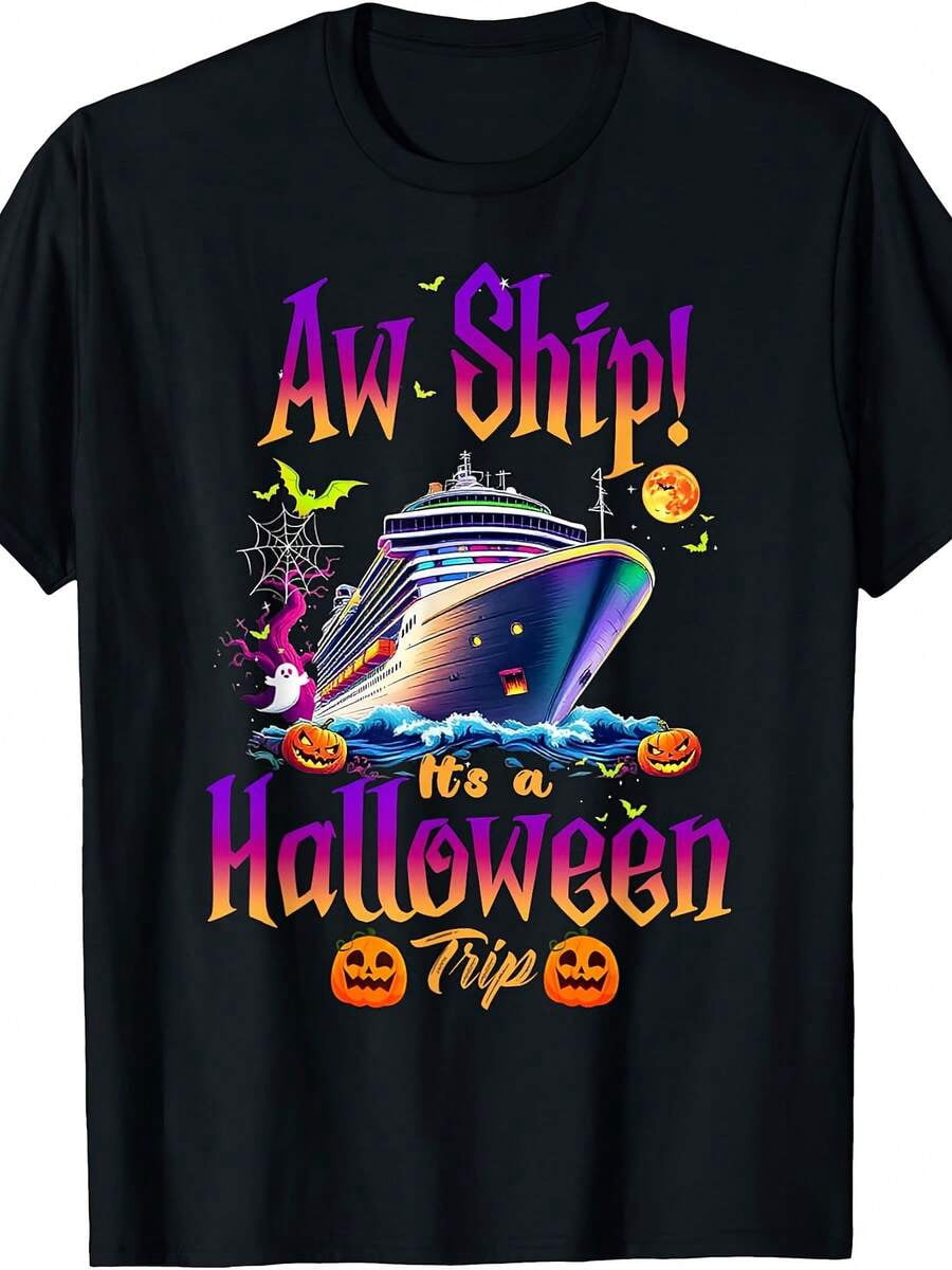 Aw Ship! Halloween Cruise Graphic T-Shirt - Black Humorous Vacation Tee ...