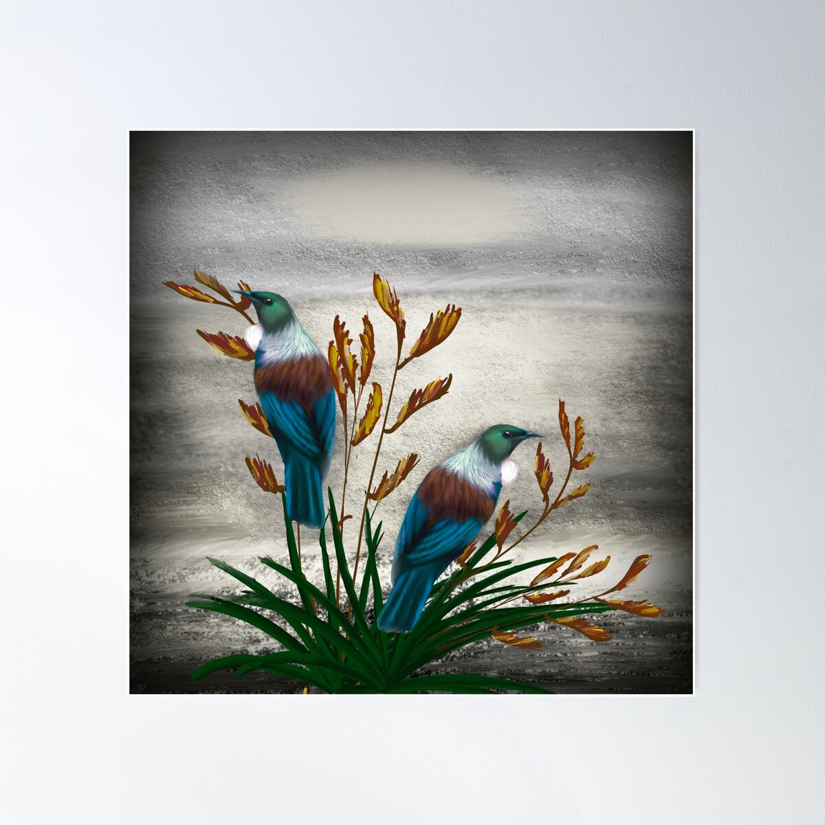 Awakening Two Tuis In Flax As Light Rises Poster Wall Art, Modern Wall ...