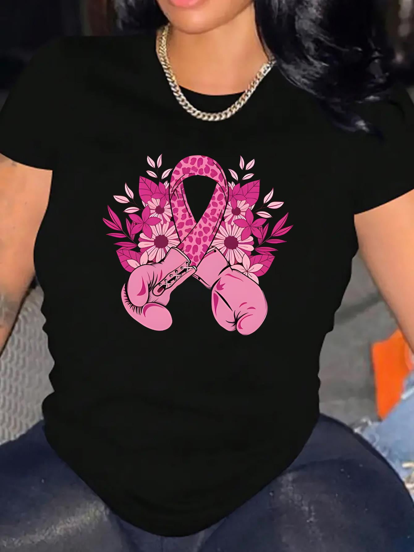 awareness Pink Ribbon & Butterfly Graphic Tee for Women - Stretchy ...