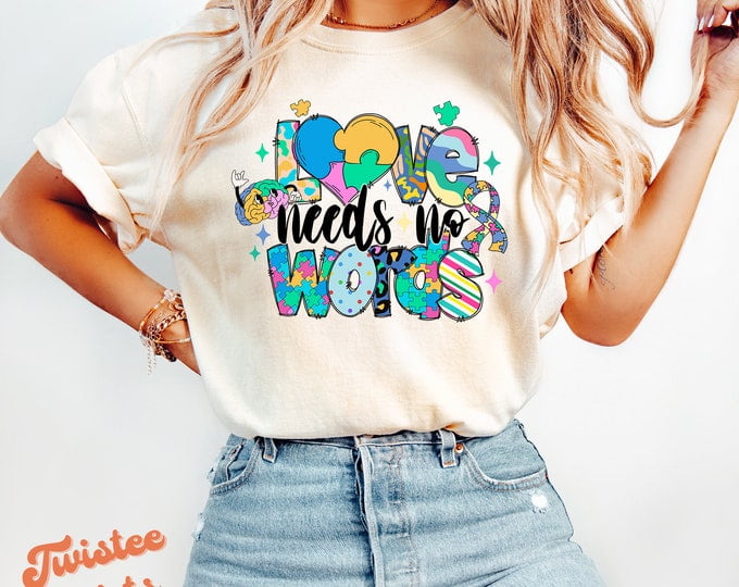 Awareness Shirt - Love Needs No Words Autism Ribbon Puzzle Shirt ...