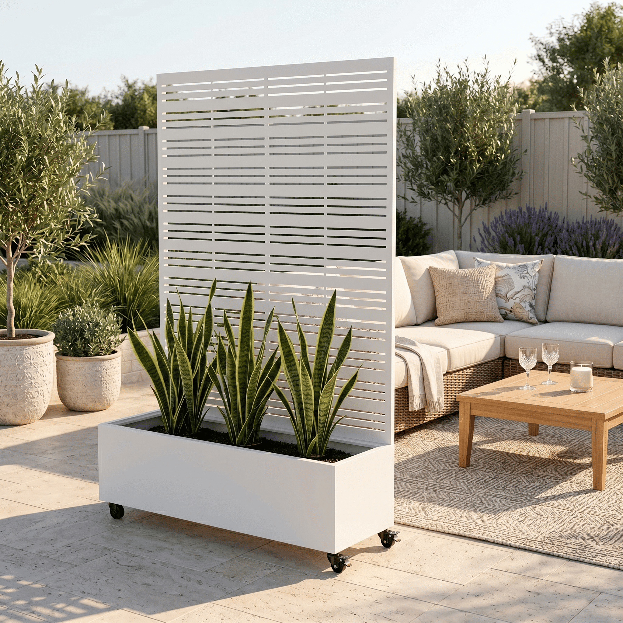 AwayHome 73"H x 16"D x 47"W Matte White Metal Planter Box with Louvered ...