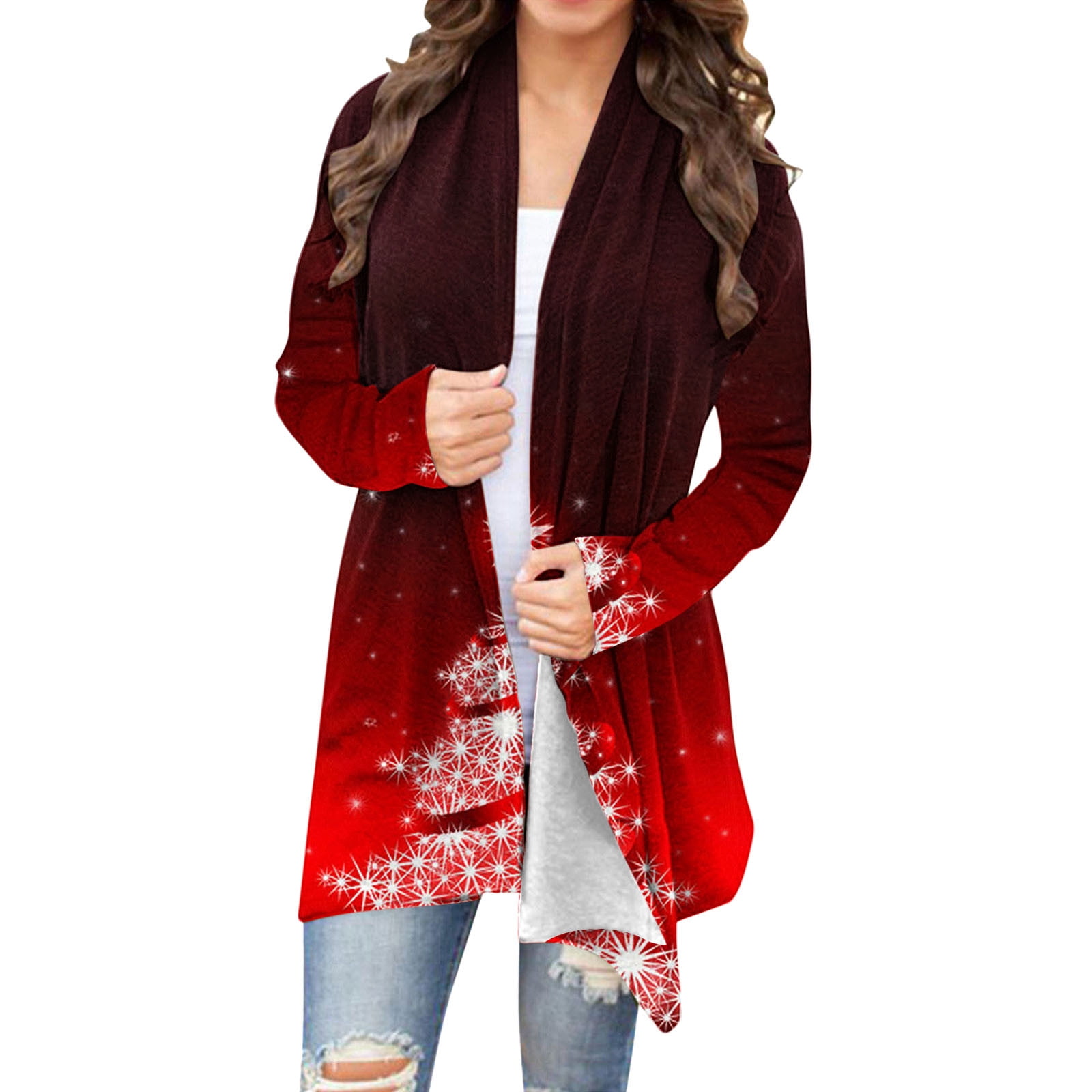 Awdenio Cardigan Sweaters for Women Xmas Tree Red Plaid Knitting Open ...