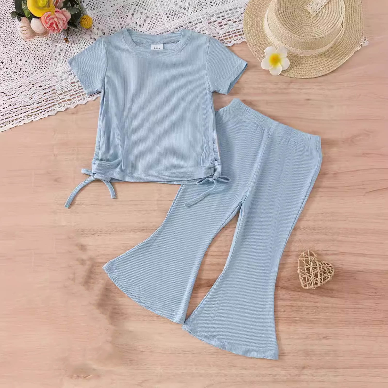Awdenio Girls 2-Piece Summer Outfit, Short Sleeve Crew Neck Adjustable ...