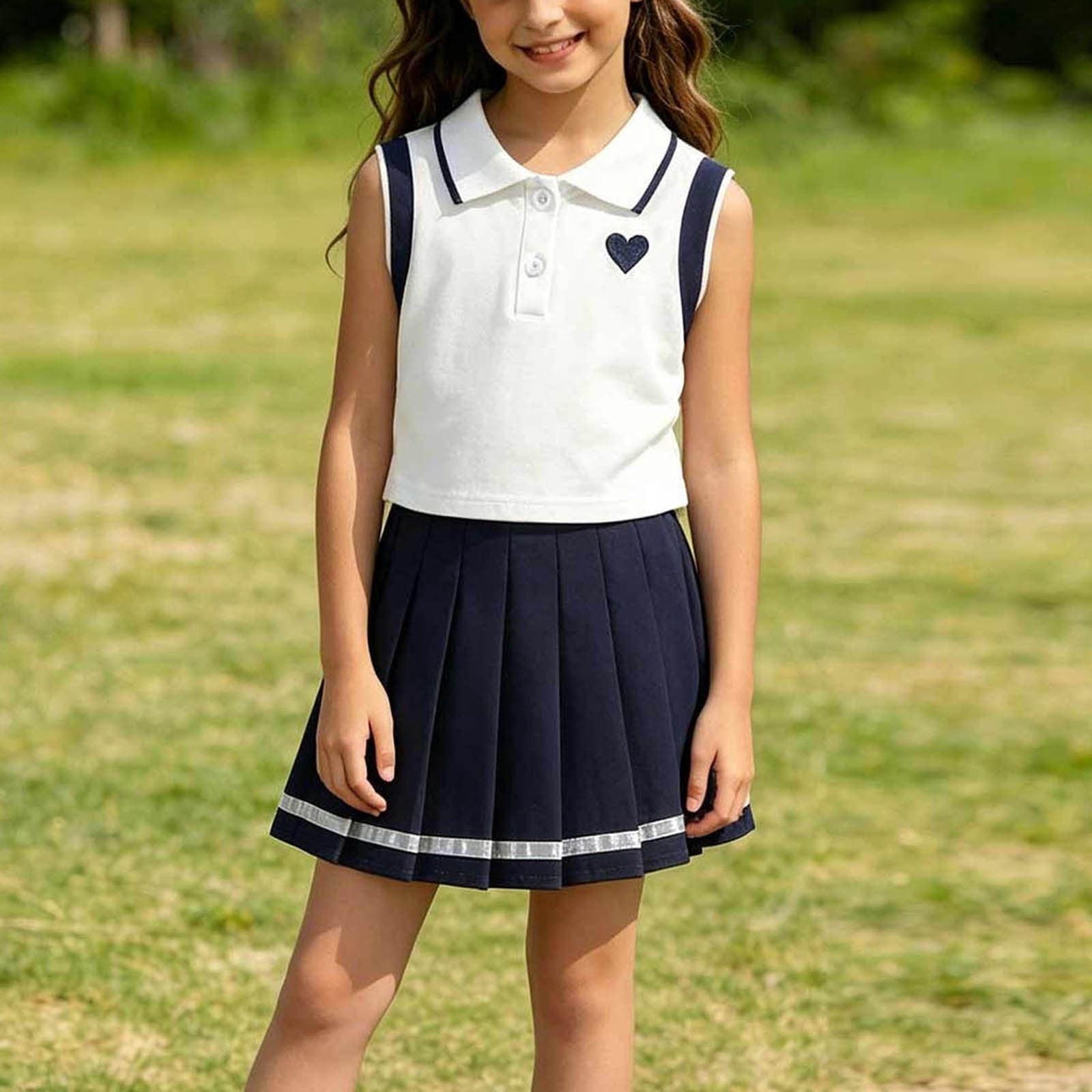Awdenio Girls 2 Piece Summer Outfit, Sleeveless Shirt Pleated Skirt Set ...
