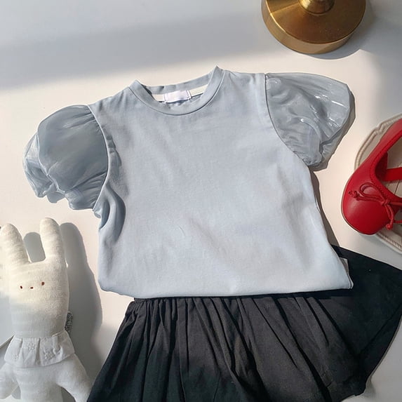 Awdenio Girls Puff Sleeve Short Sleeve T-Shirt, Crew Neck Casual Top ...