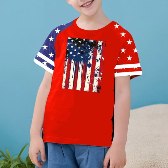 Awdenio Kids Boys 4th Of July Flag Print Ringer T-Shirt,White,Blue and ...