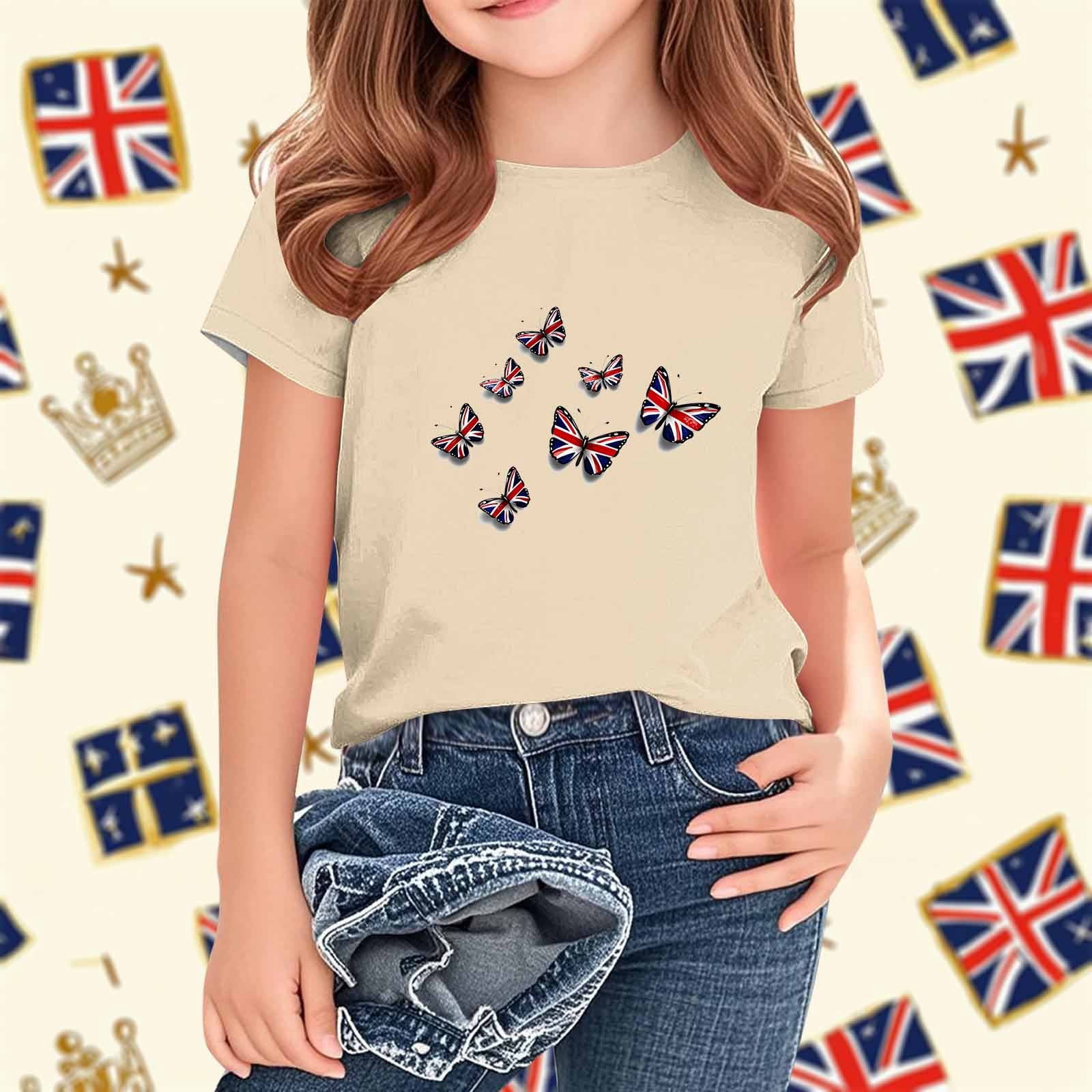 Awdenio Kids Girls Flag Butterflies Print Short Sleeve T-Shirt, Crew ...