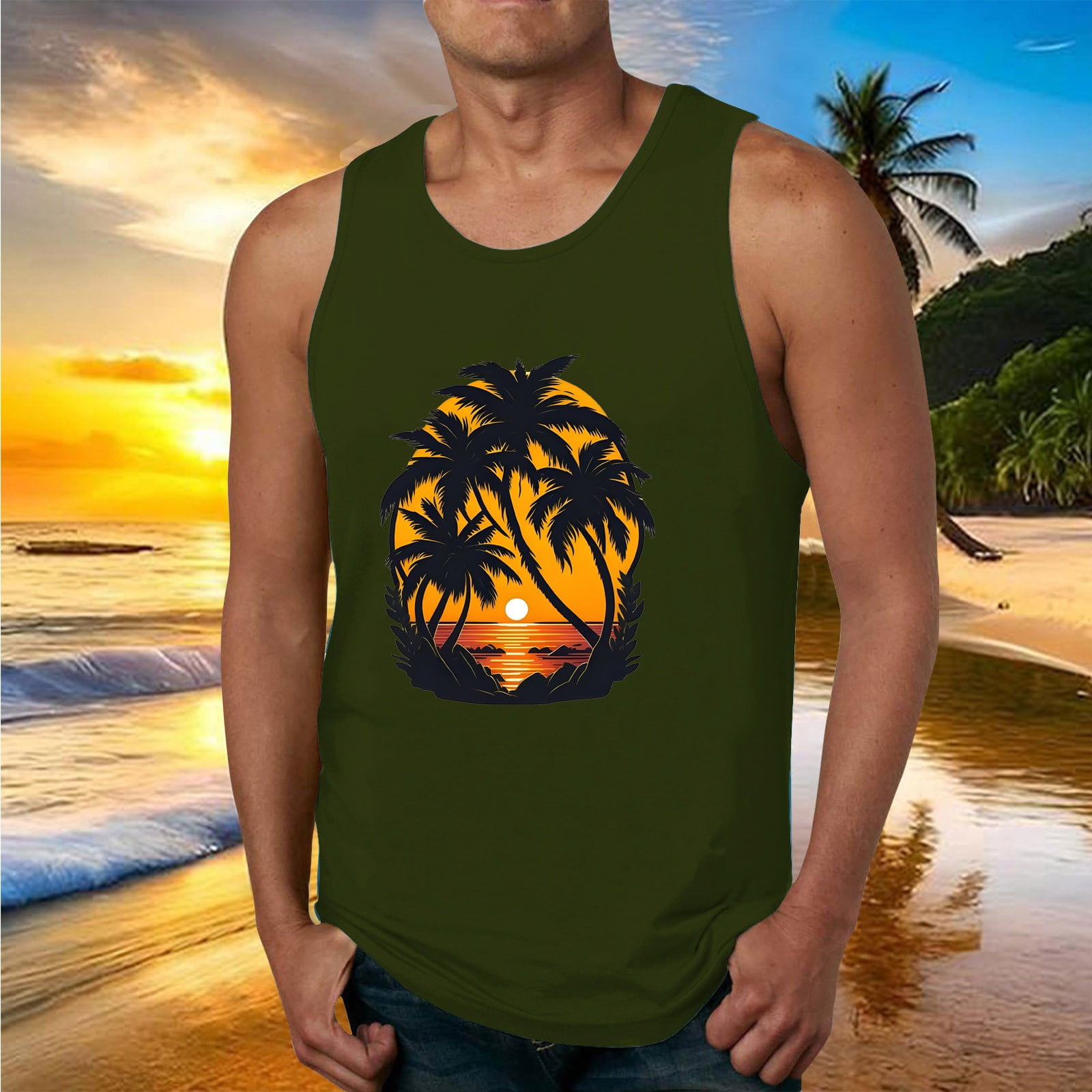 Awdenio Men Tank Tops Casual Summer Beach Vacation Hawaiian Graphic Muscle Gym Palm Tree ...
