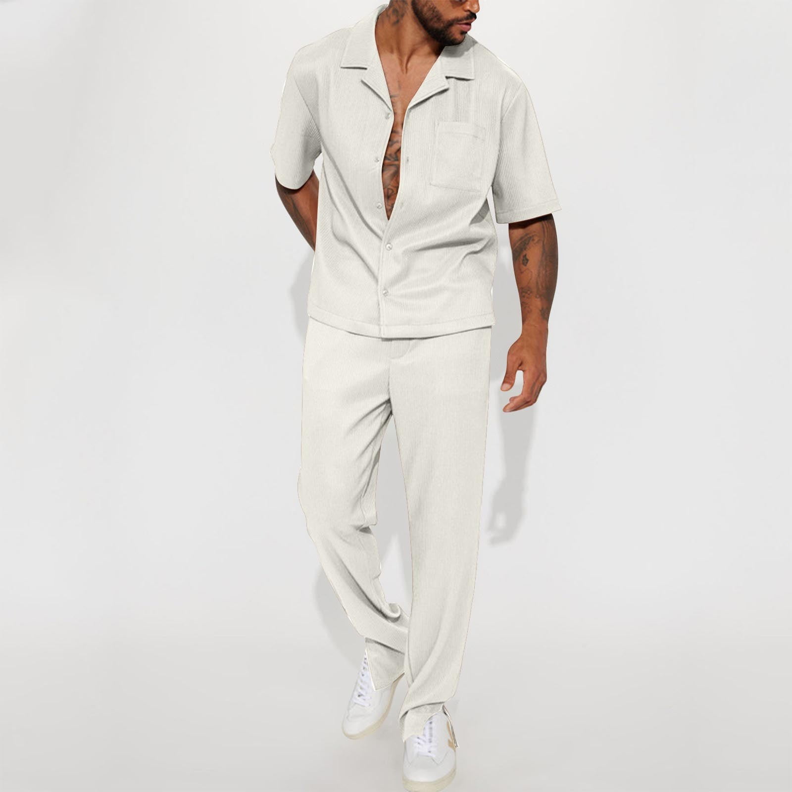 Awdenio Men's 2 Piece Vertical Striped Textured Outfits Summer Casual ...
