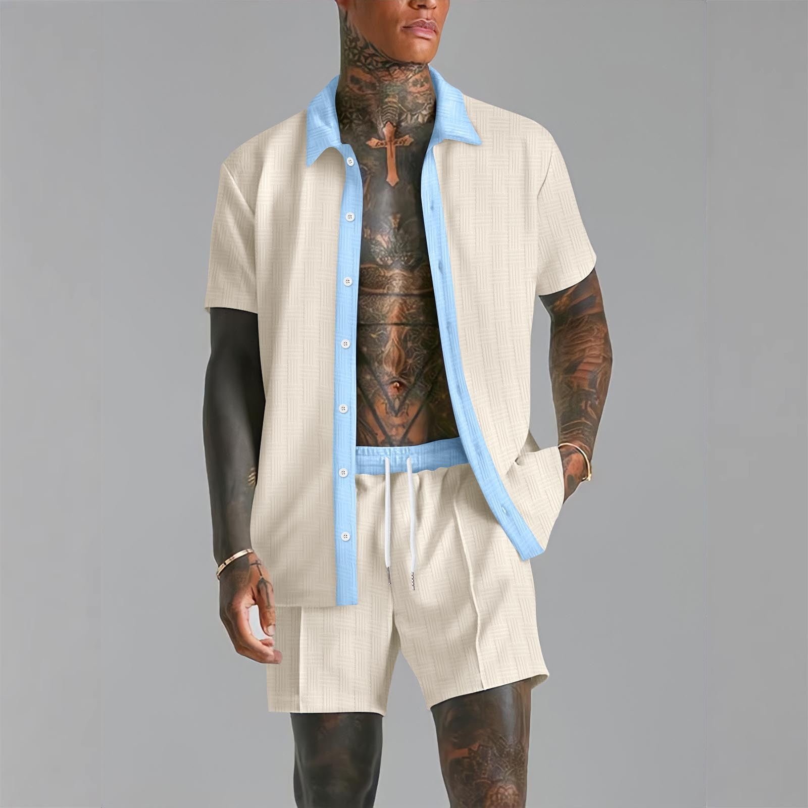 Awdenio Men's 2 Piece Vertical Striped Textured Outfits Summer Casual ...