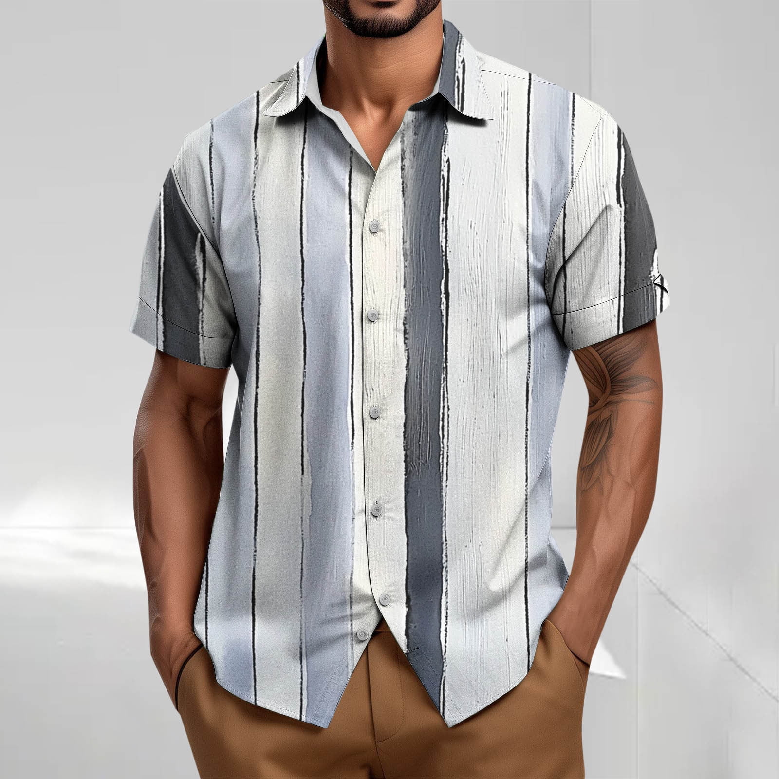 Awdenio Men's T-Shirts Summer Striped Shirts Casual Cuban Shirt Texture Button Down Shirts for ...