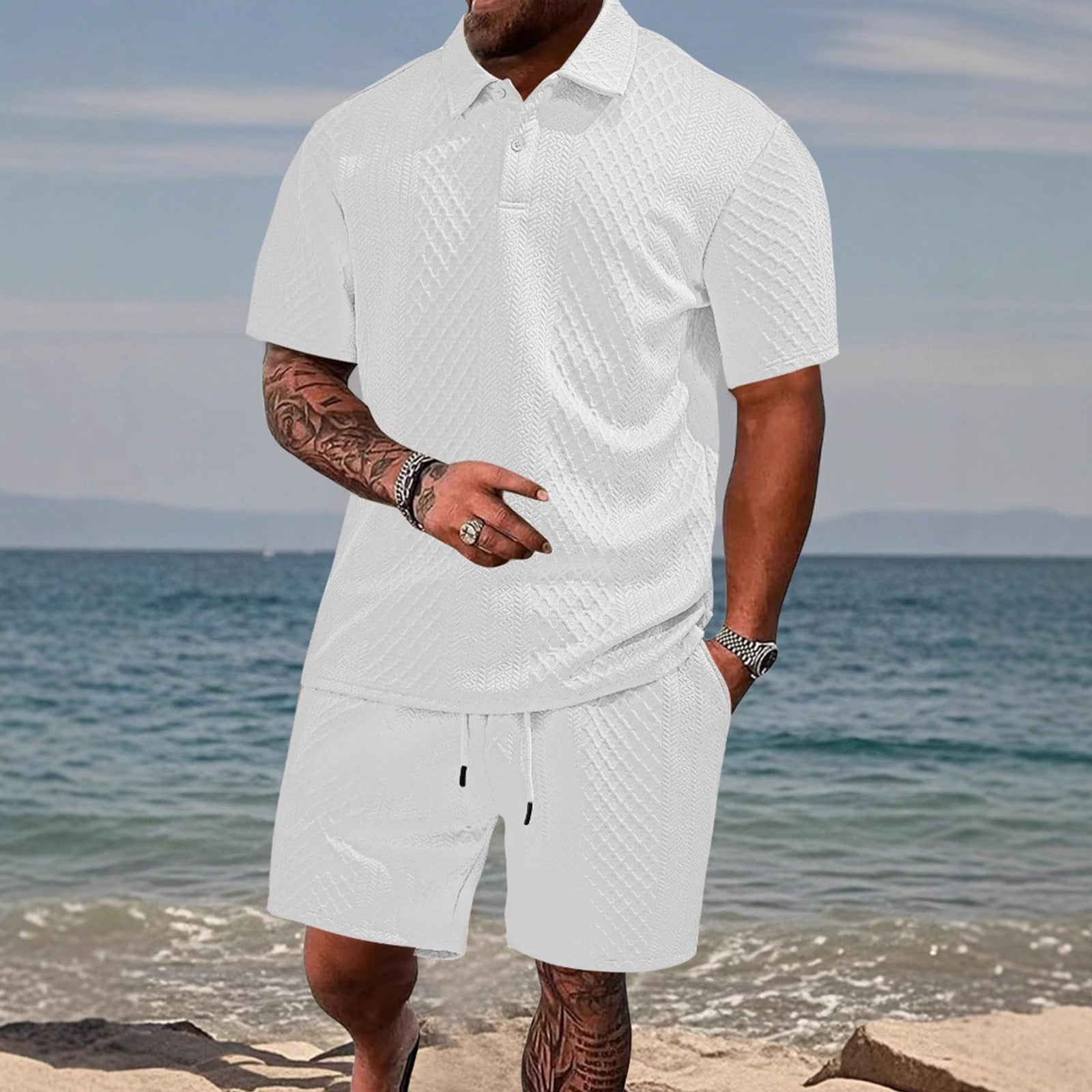 Awdenio Mens 2 Piece Zip Tracksuit Short Sleeve Print Polo Shirt and ...