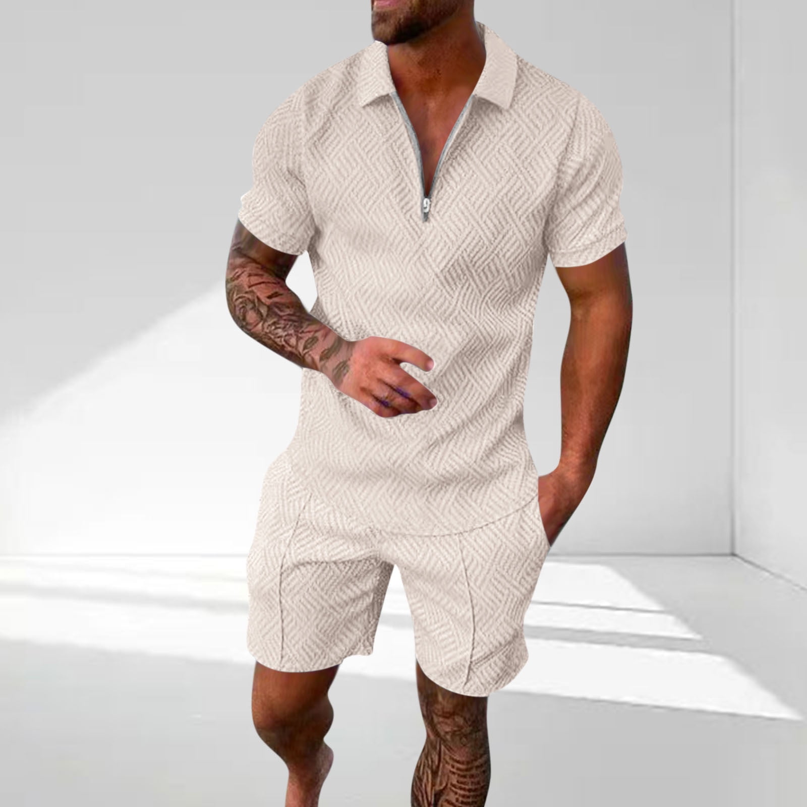 Awdenio Mens 2 Piece Zip Tracksuit Short Sleeve Print Polo Shirt and ...