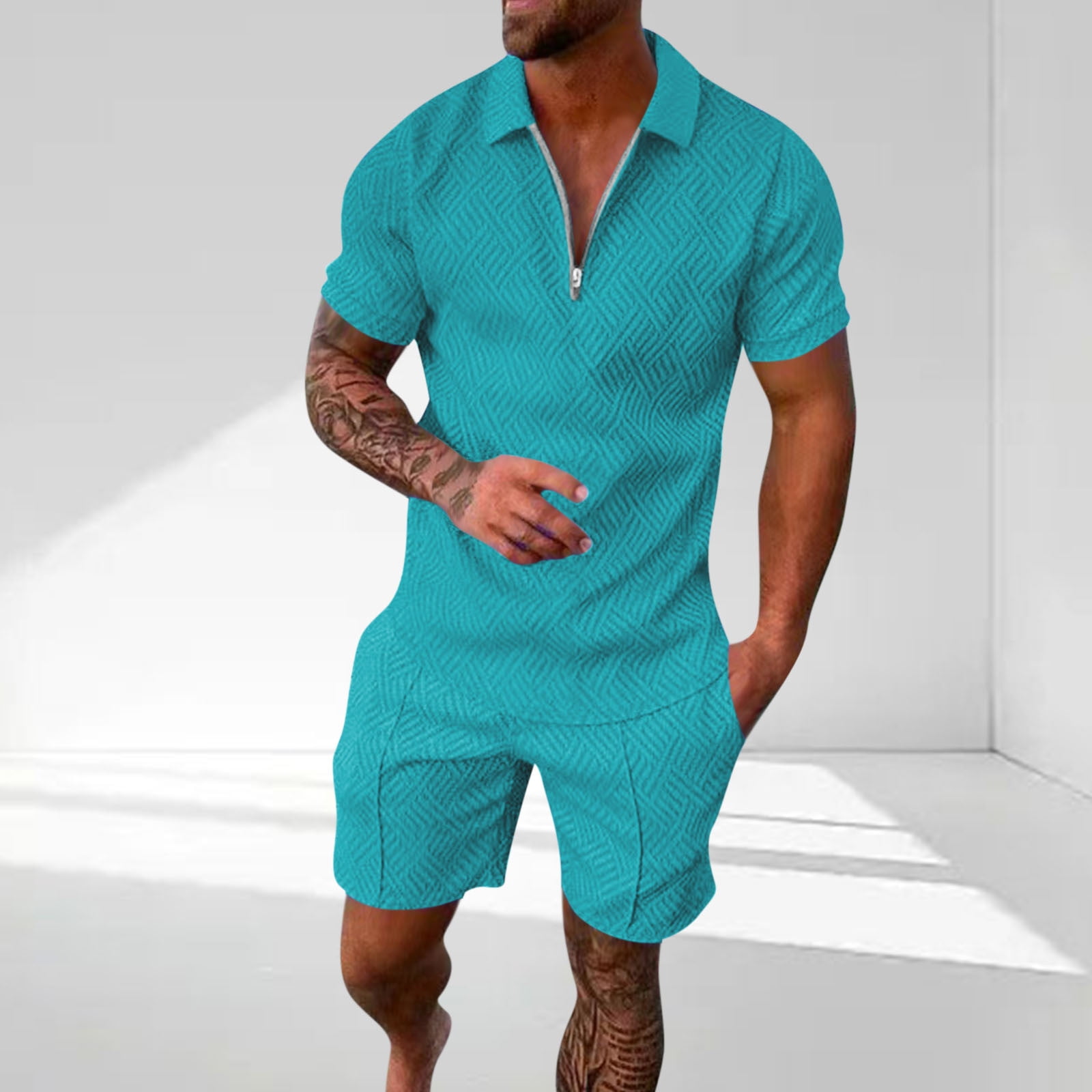 Awdenio Mens 2 Piece Zip Tracksuit Short Sleeve Print Shirt and Shorts ...