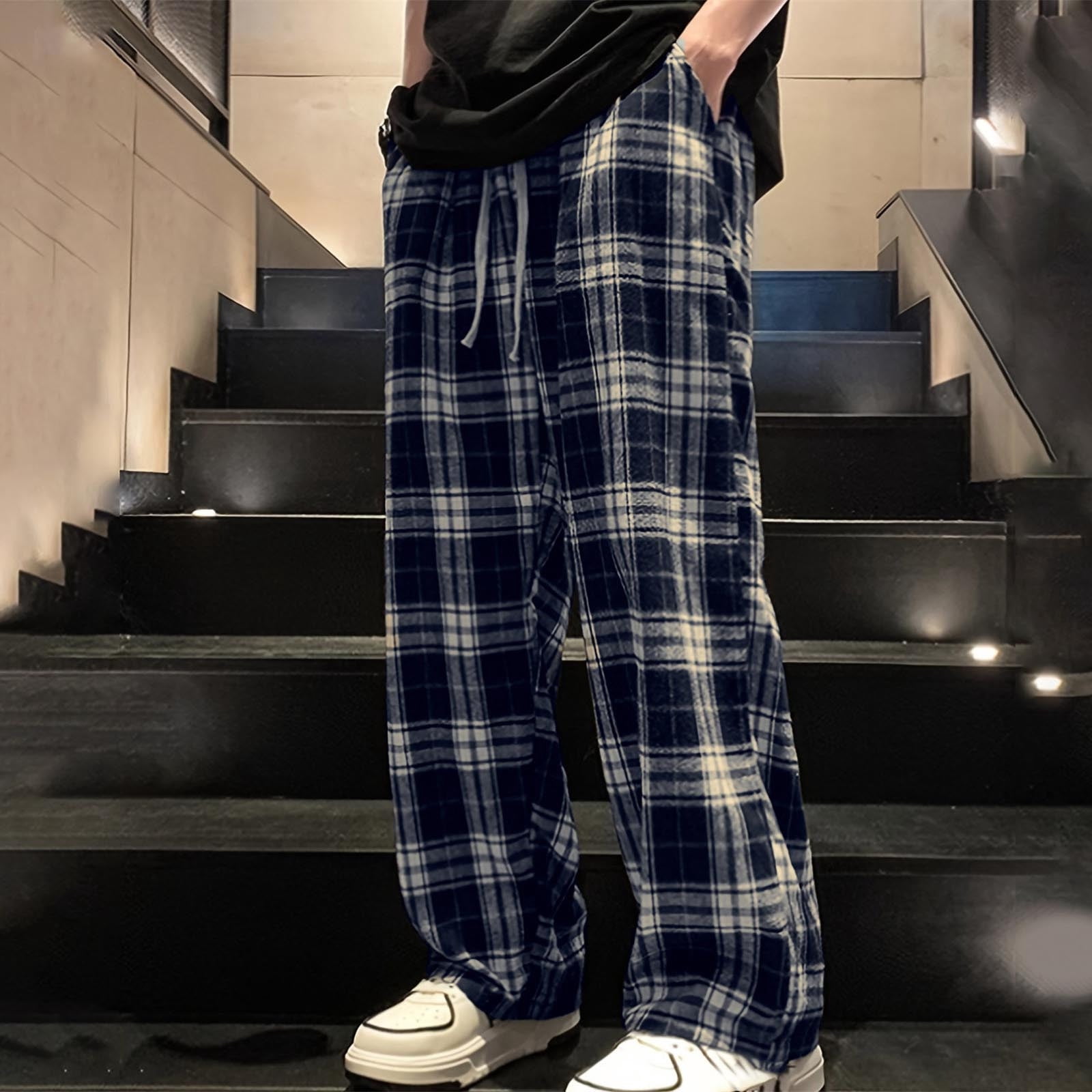Awdenio Mens Pajama Pants Checkered Baggy Pants Plaid Wide Leg Flared ...