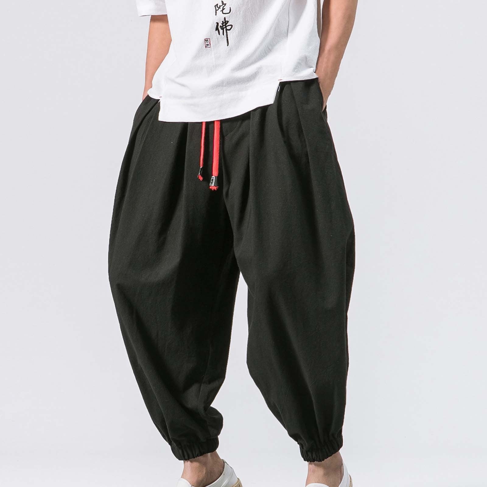 Awdenio Mens Pants Leisure Linen Broadleg Radish Pants Bound Feet Ninth ...