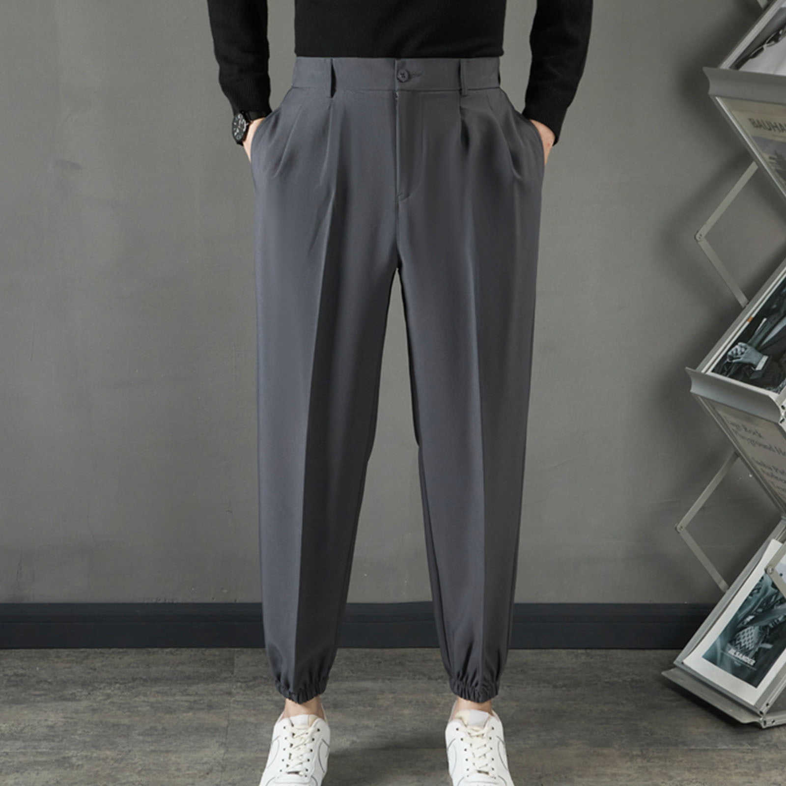 Awdenio Mens Pants Wide-Leg Suit Pants Pleat-Front Pant Waist Stretch ...