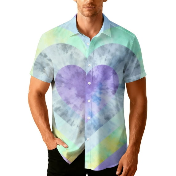 Awdenio Mens Shirts Casual Valentine Pattern Short Sleeve Summer Button ...