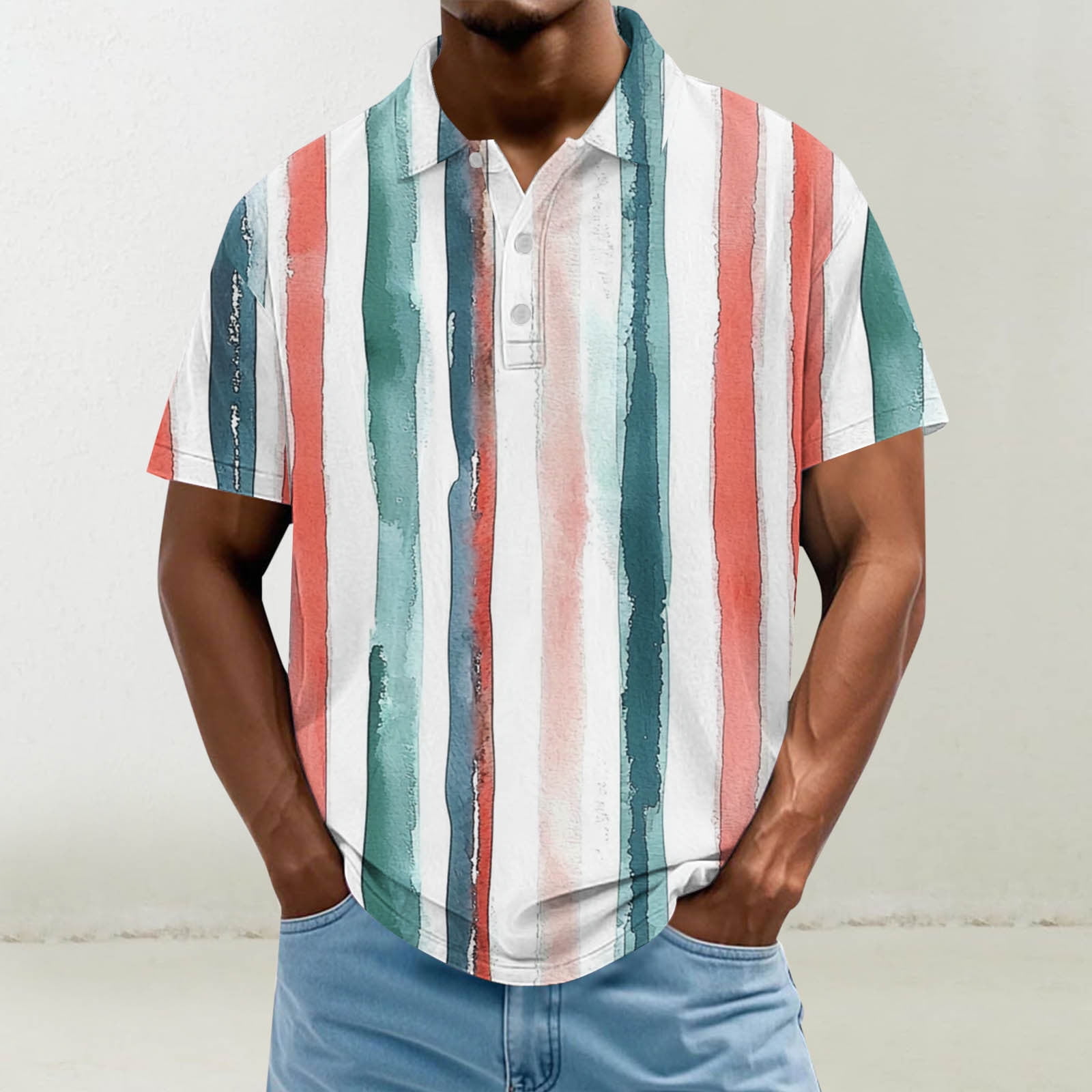 Awdenio Mens T-Shirts Striped Shirt Casual Short Sleeve Button Down ...